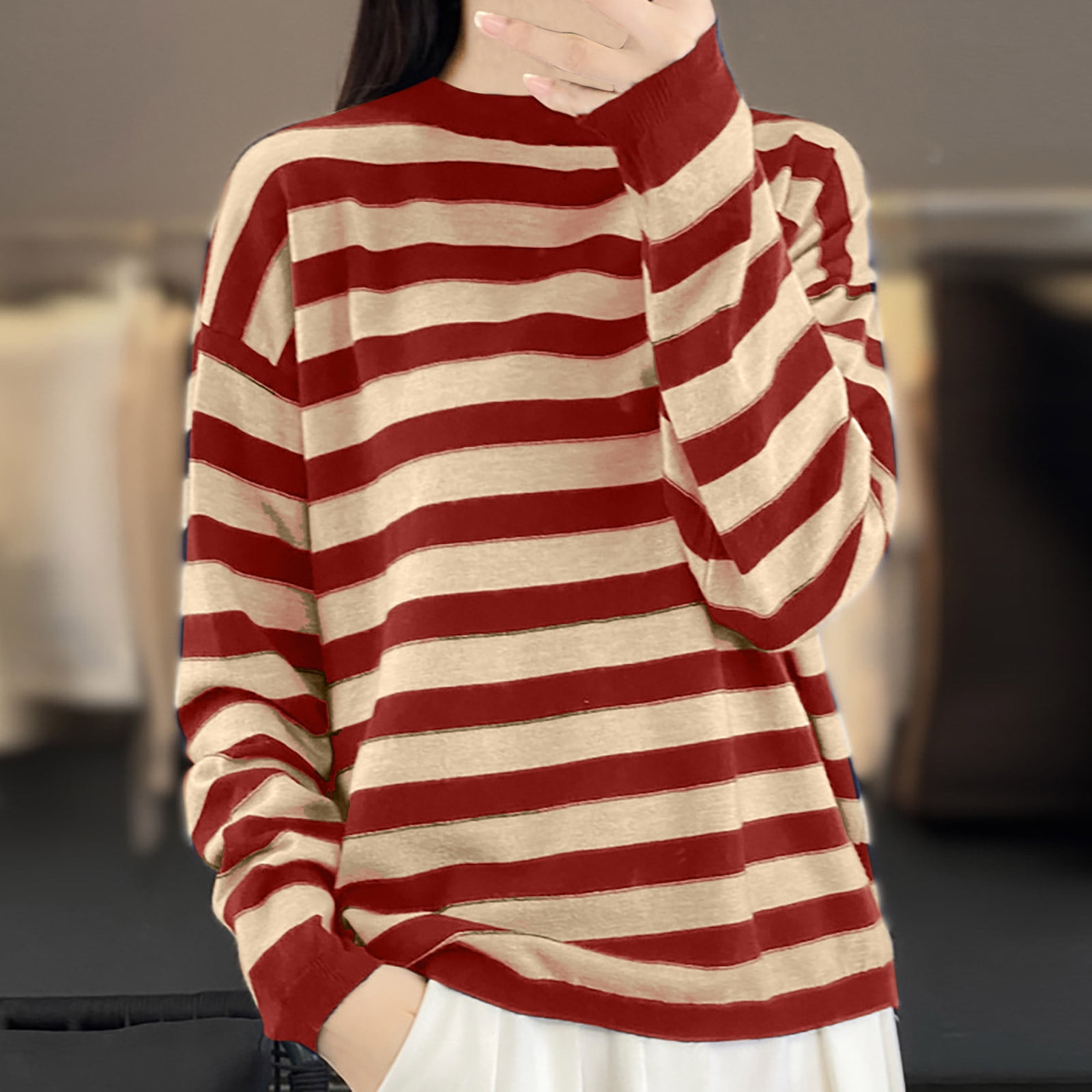 BVOFAR Womens Oversized Sweaters Cozy Striped Long Sleeve Jumpers ...