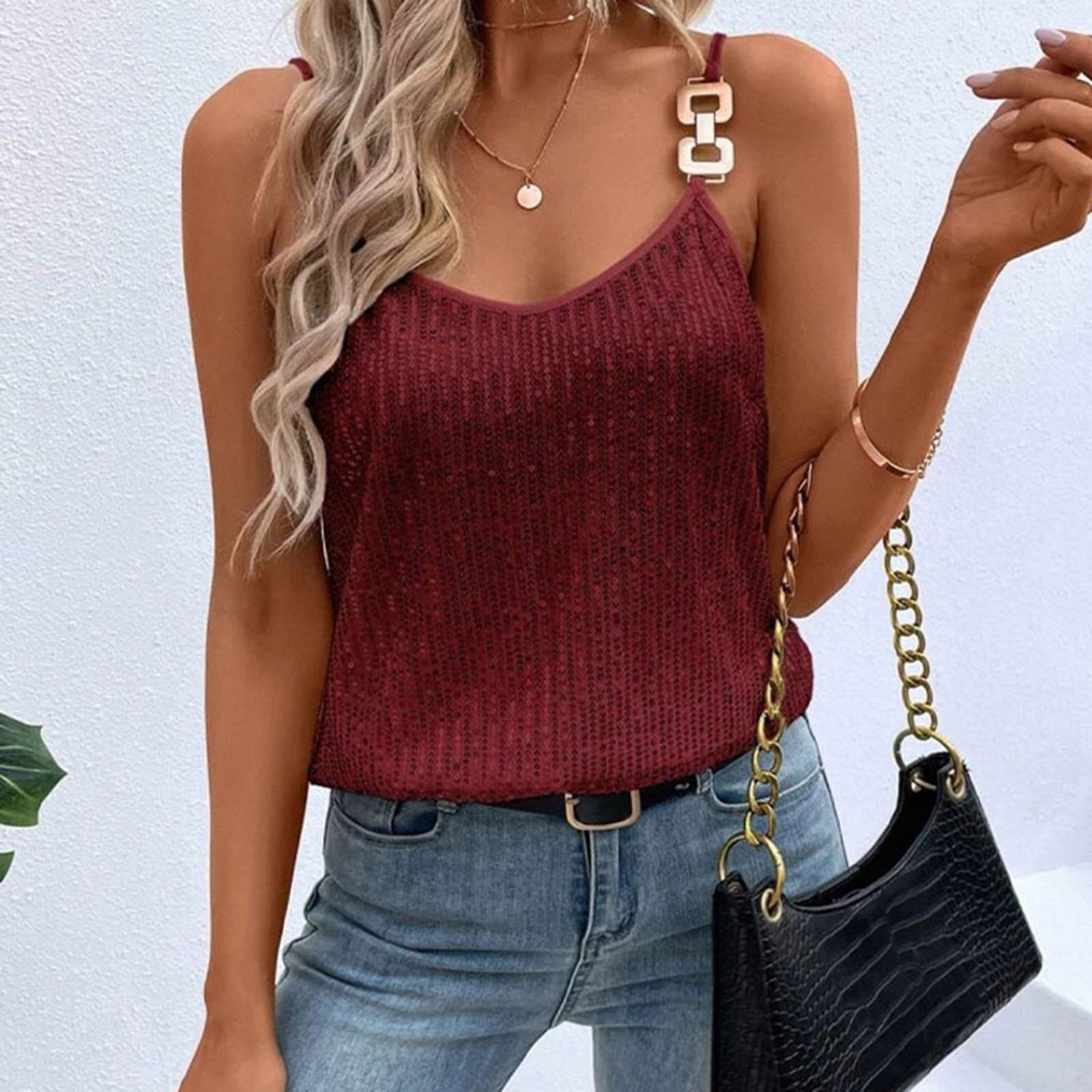 BVOFAR Womens Sequin Sparkle Tank Tops Fashion V Neck Strappy Camisole ...