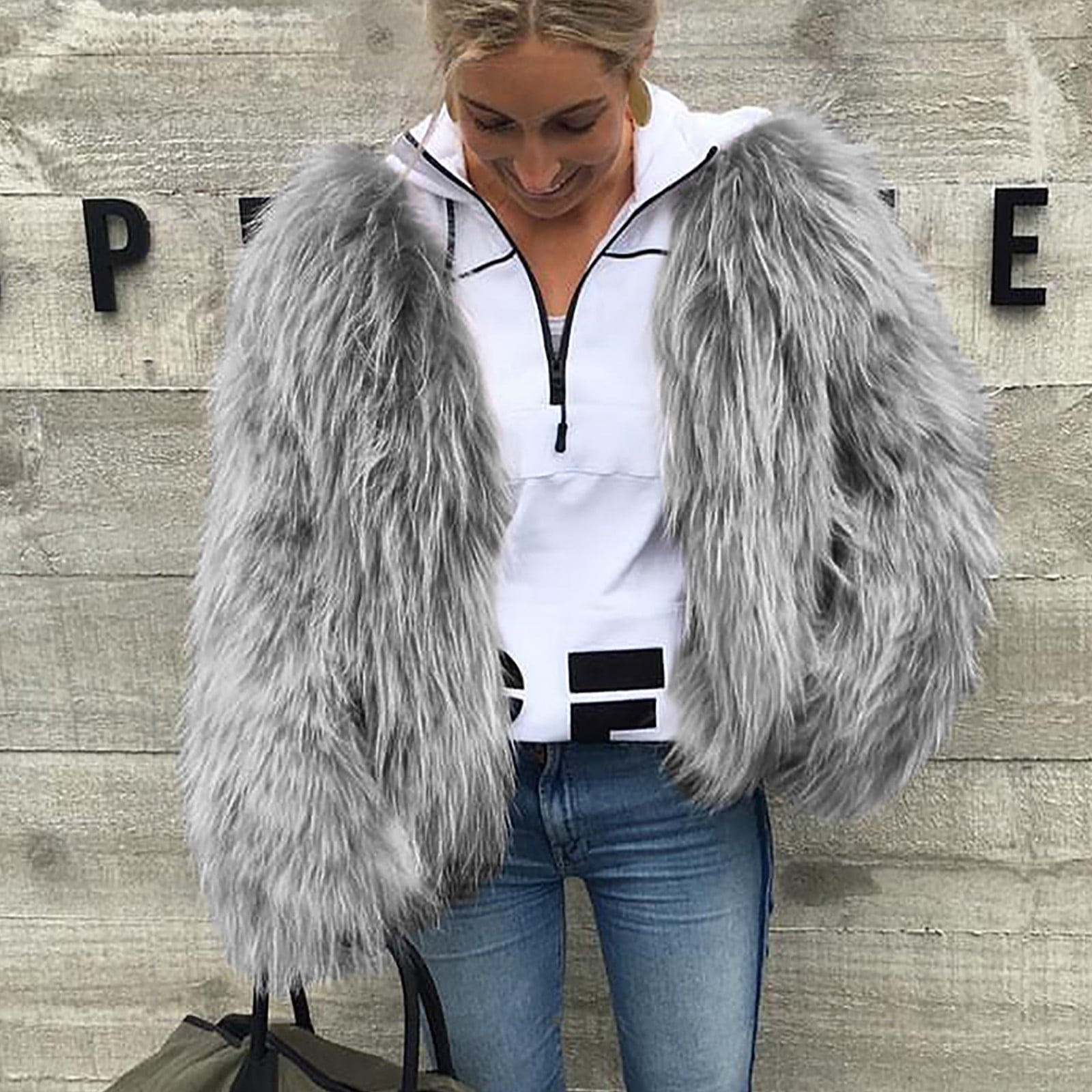 BVOFAR Womens Shaggy Faux Fur Jackets Casual Long Sleeve Crop Cardigans ...