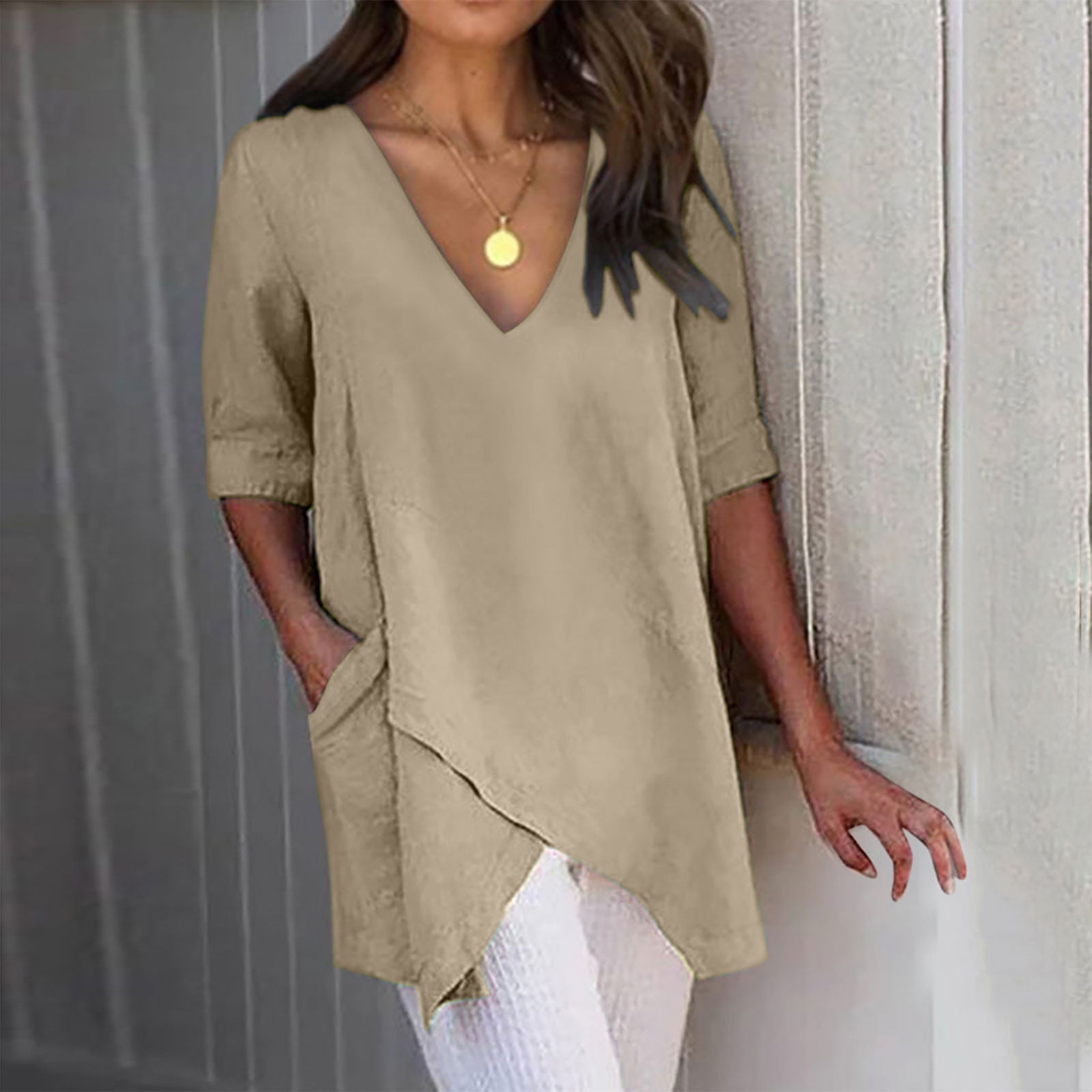 BVOFAR Womens Summer Cotton Linen Tops Solid Color Irregular Hem Shirts ...