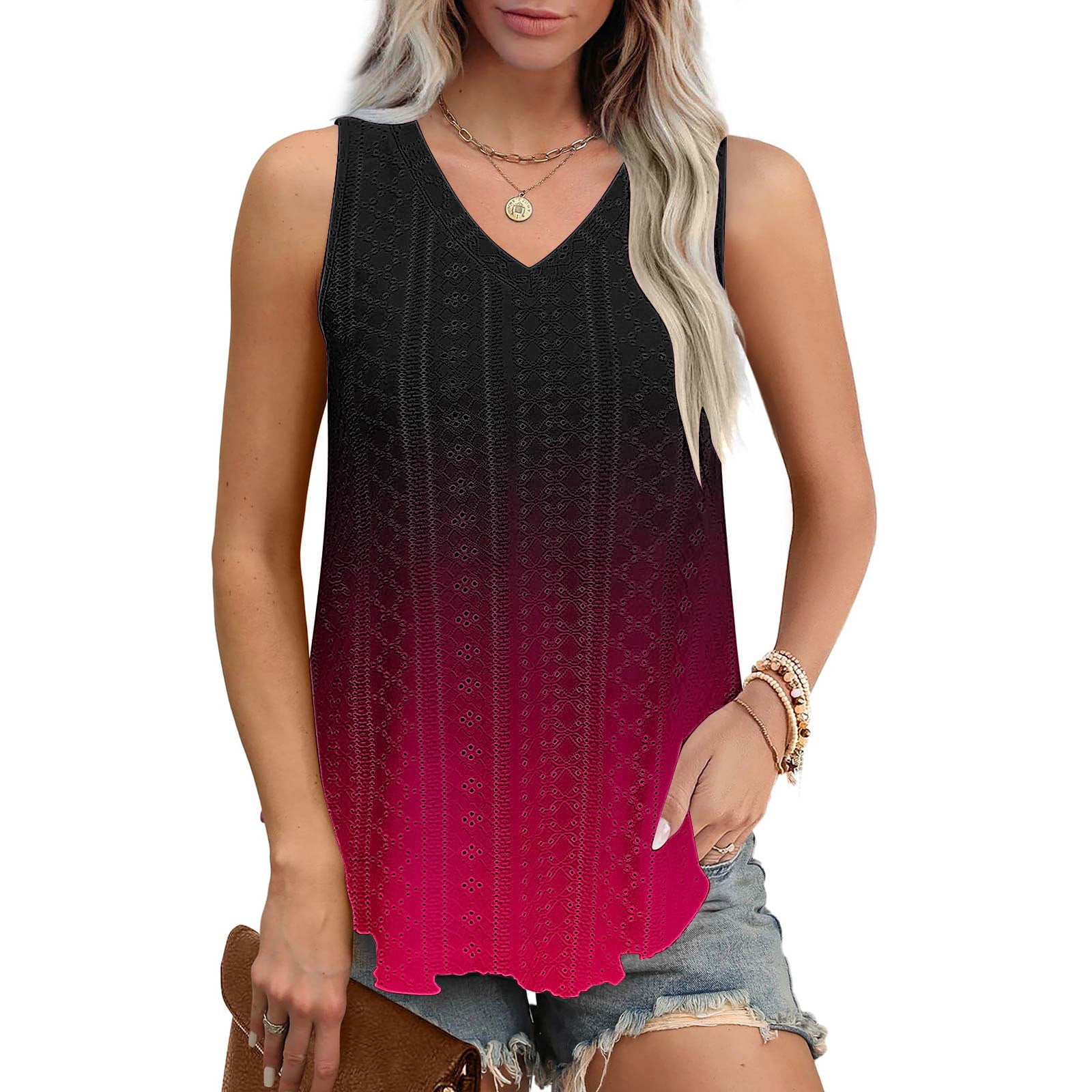 BVOFAR Womens Summer Eyelet Embroidery Tank Tops Trendy Gradient Color ...