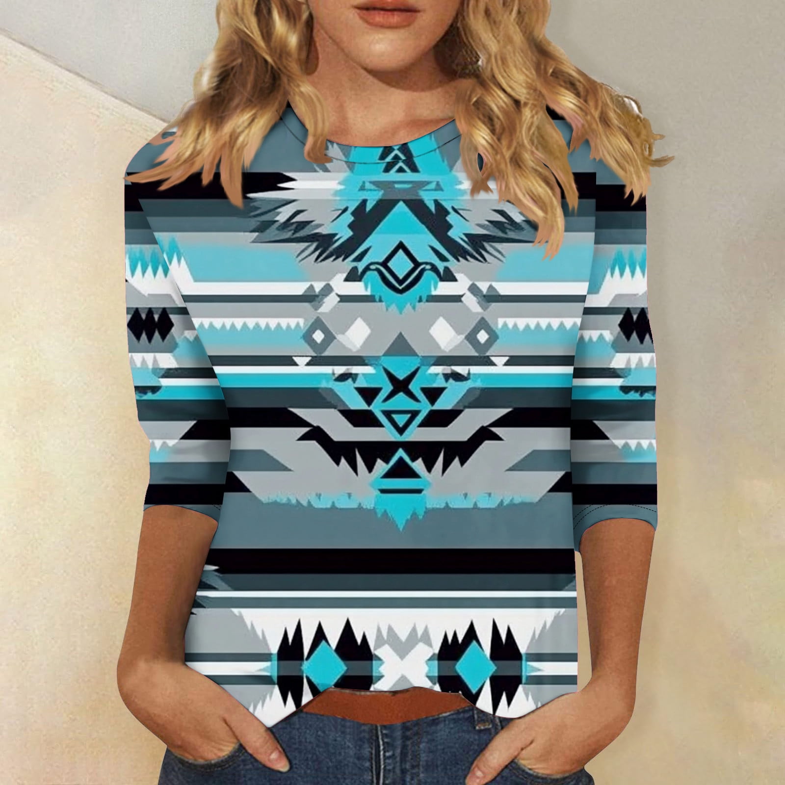 BVOFAR Womens Western Ethnic Aztec Print Shirts 3/4 Sleeve Plus Size ...