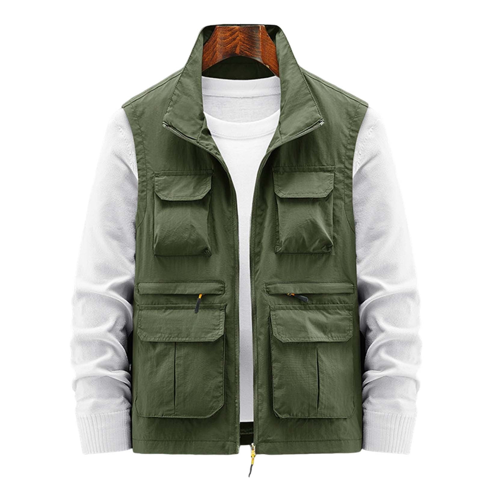 BVnarty Men Stand Collar Full Zip Multi-Pocket Outdoor Cargo Vest ...