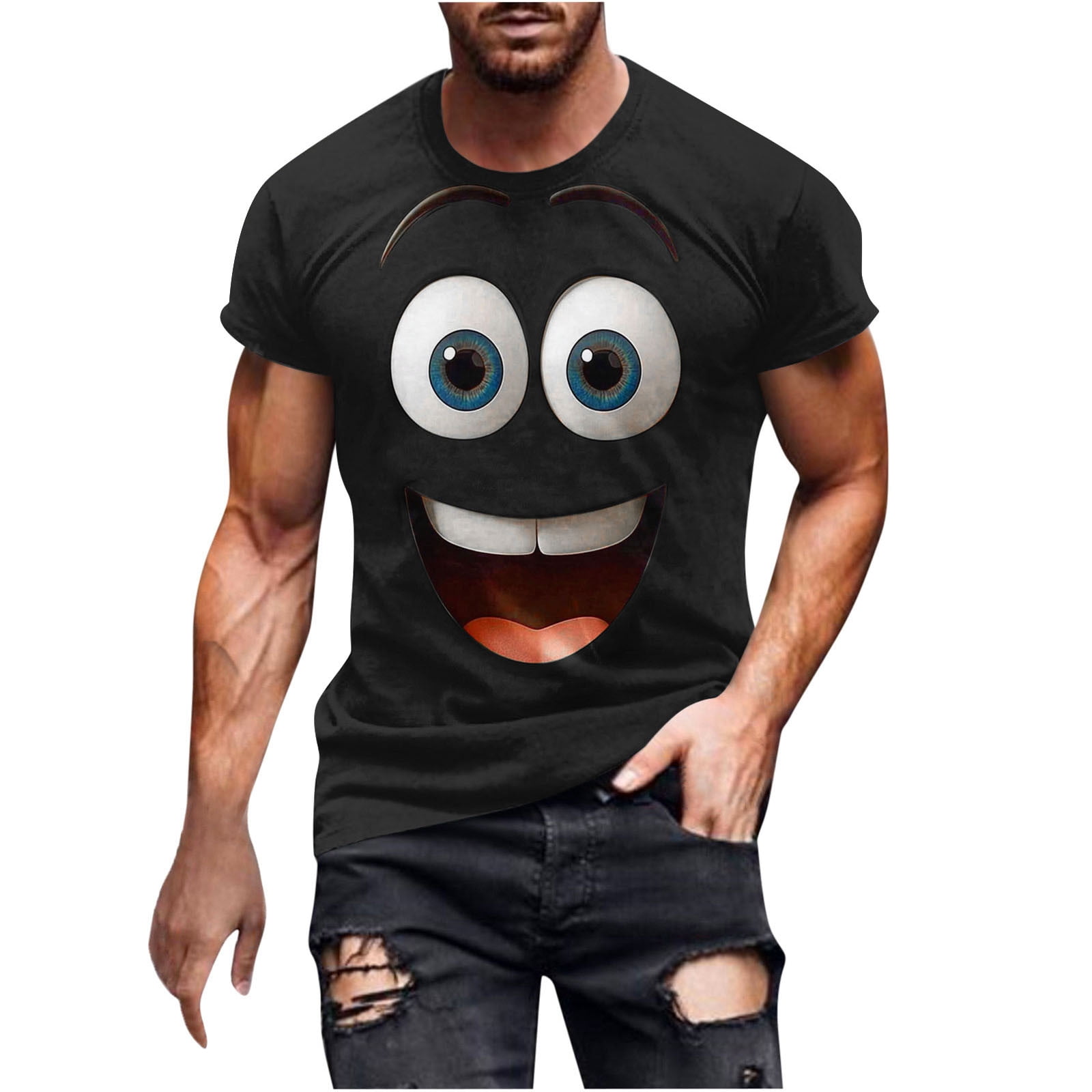 BVnarty Men's Big‑Eye Cartoon Print Crew Neck Short Sleeve T‑Shirt ...