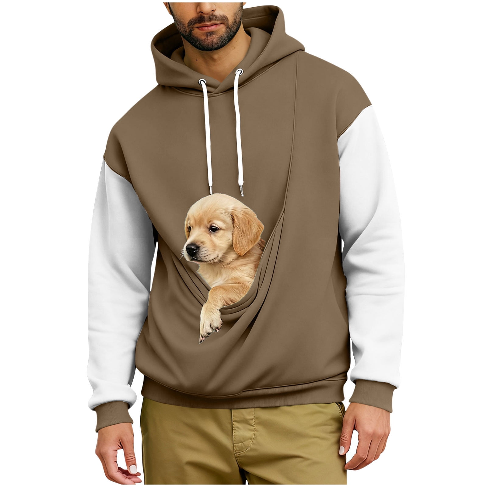 BVnarty Men's Fall Winter Color Block Pet Pocket Hoodie Loose ...