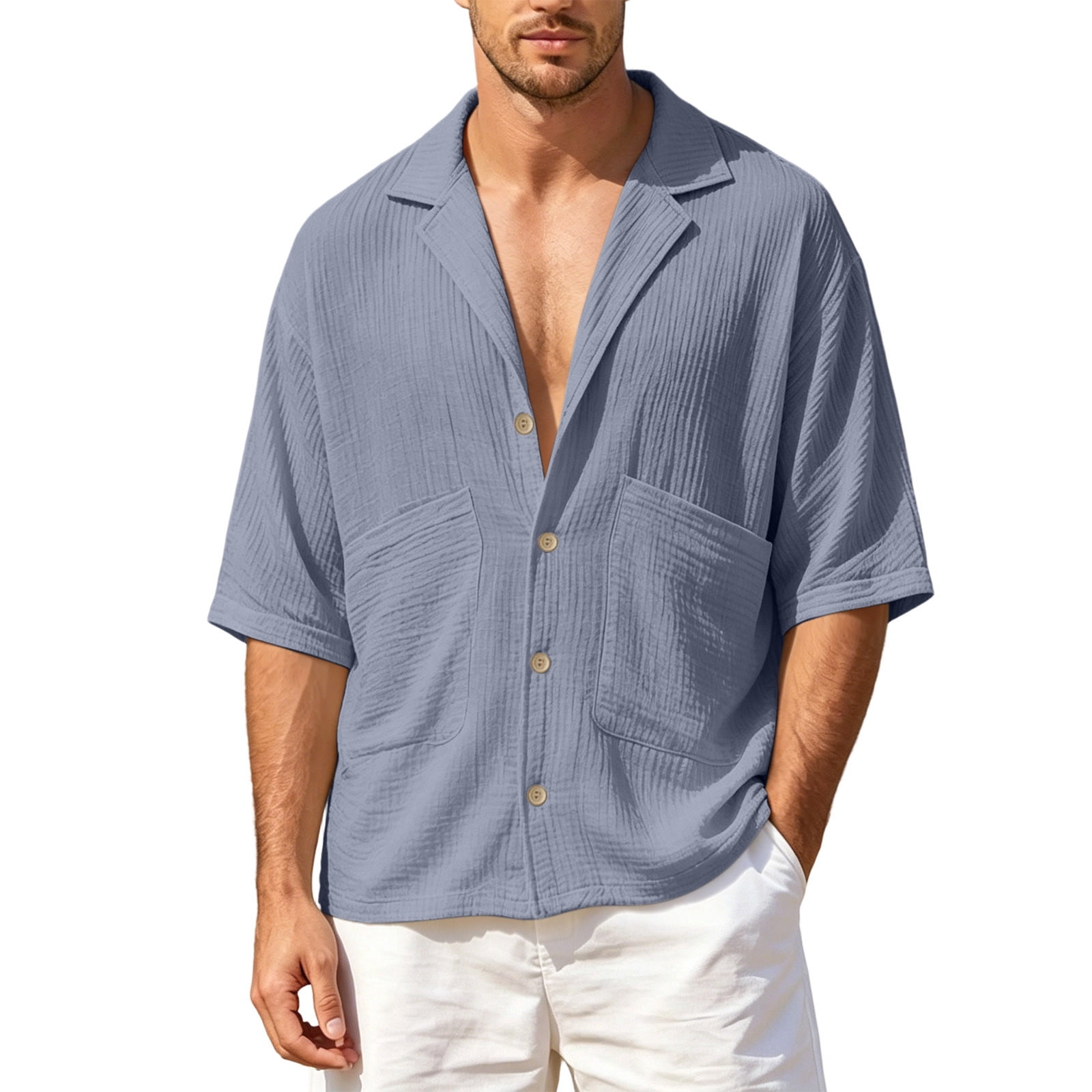 BVnarty Men's Summer Cuban Collar Short Sleeve Button Shirt Pocket ...