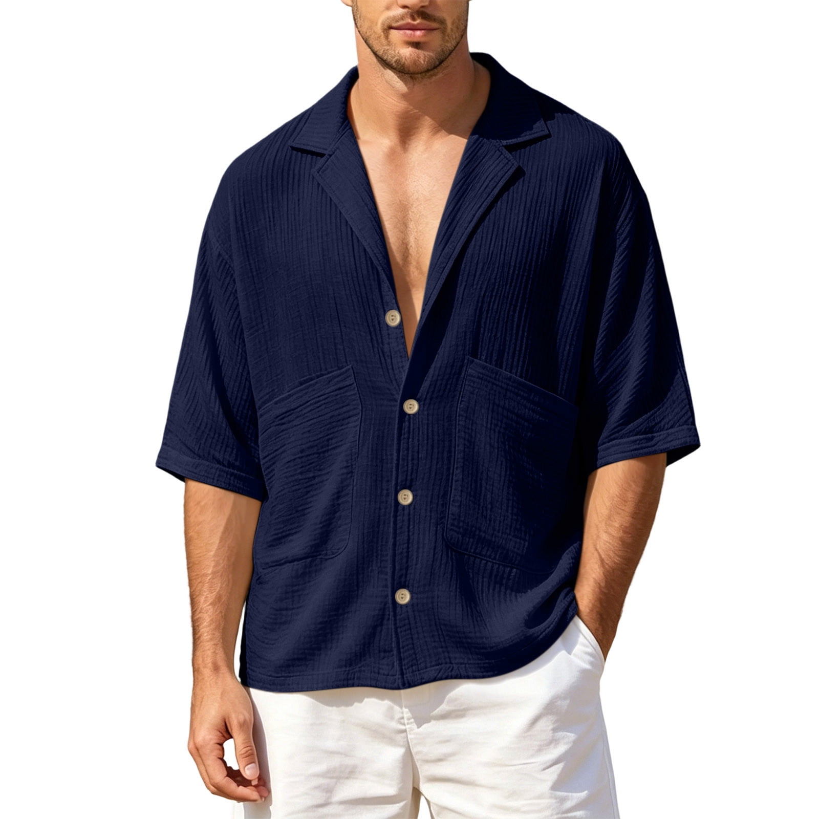 BVnarty Men's Summer Cuban Collar Short Sleeve Button Shirt Pocket ...