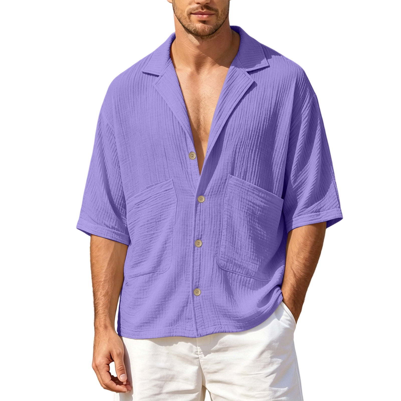 BVnarty Men's Summer Cuban Collar Short Sleeve Button Shirt Pocket ...