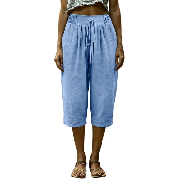 BVnarty Women's Linen Blend Harem Capri Pants, Elastic Waist Drawstring ...