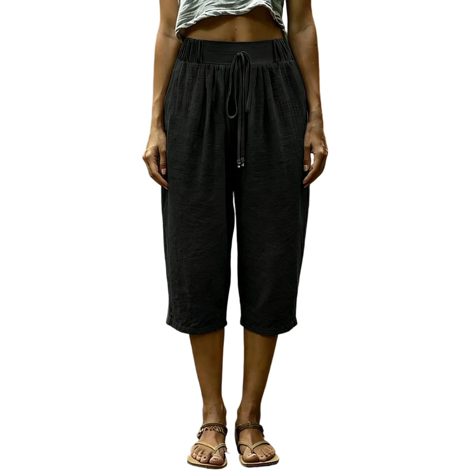 BVnarty Women's Linen Blend Harem Capri Pants, Elastic Waist Drawstring ...