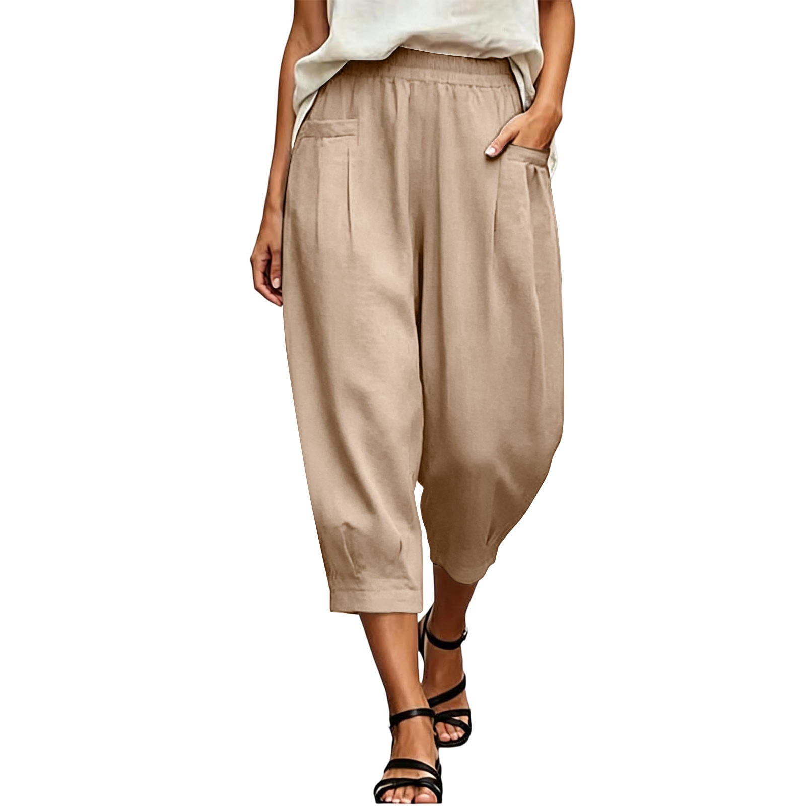 BVnarty Women's Linen Blend Harem Capri Pants, Elastic Waist Relaxed ...