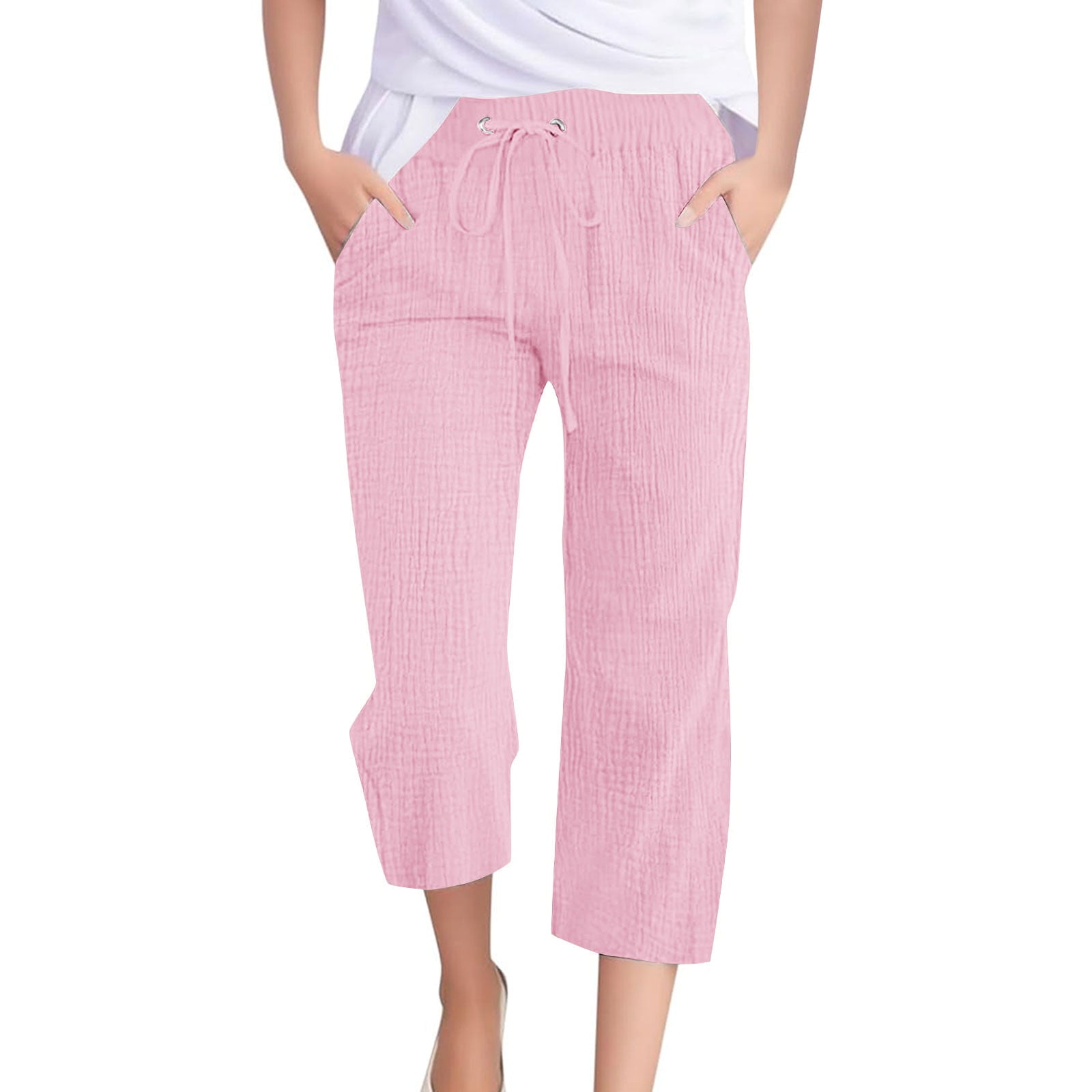 BVnarty Women's Linen-Look Wide Leg Capri Pants, drawstring Waist ...