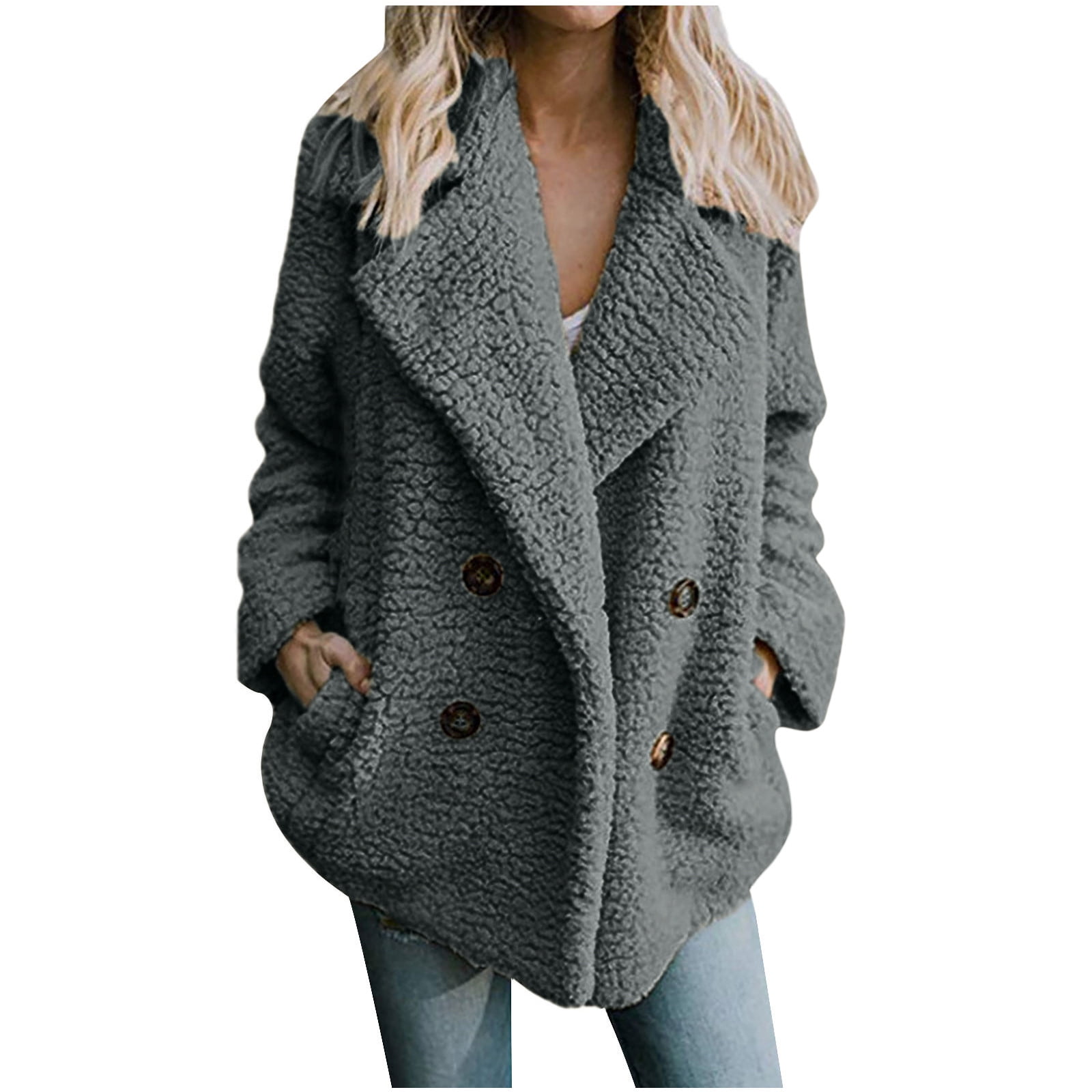 BVnarty Women's Plush Button Fashion Coat Lapel Teddy Cardigan Front Open Solid Color Overcoat ...
