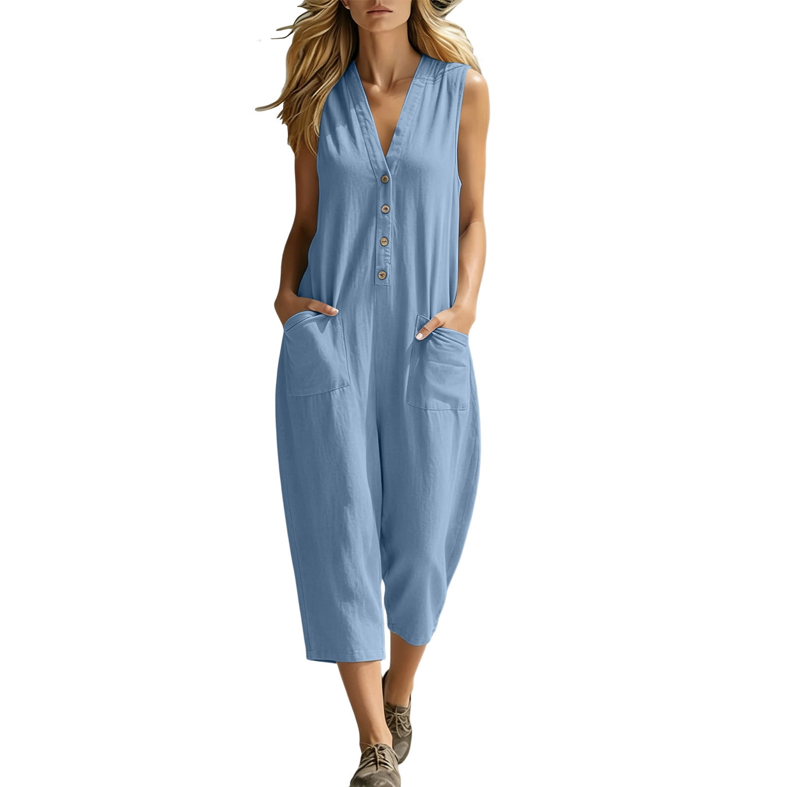 BVnarty Women's Sleeveless Capri Jumpsuit, Solid Tone, One-Piece ...