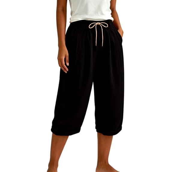 BVnarty Women's Solid Basic Cropped Trousers, drawstring Elastic Waist ...