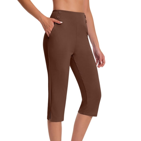BVnarty Women’s high rise capri pants with front buttons, side split ...