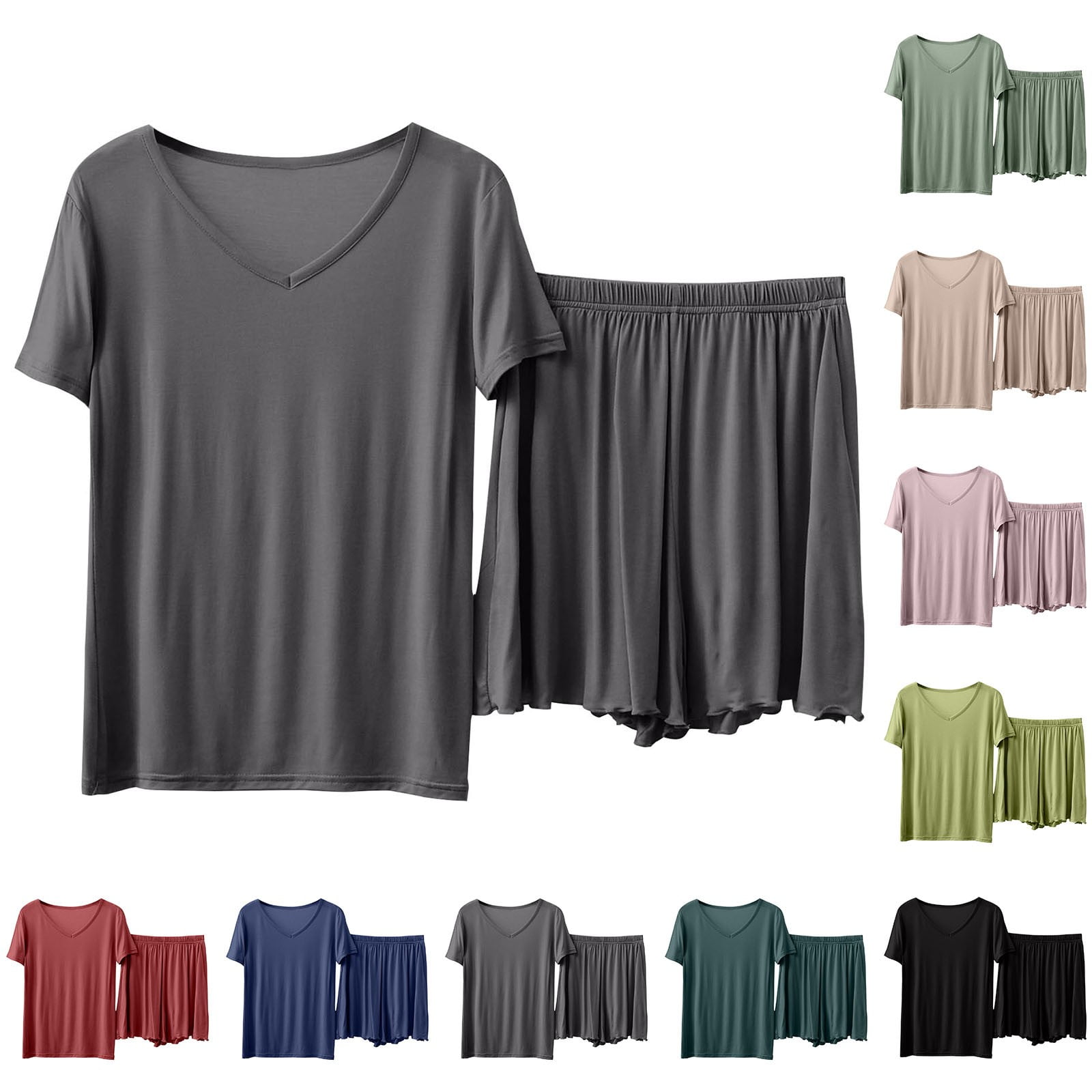 BWASD Women Pajama Sets Casual 2 Piece Solid Color Short Sleeve Tops ...