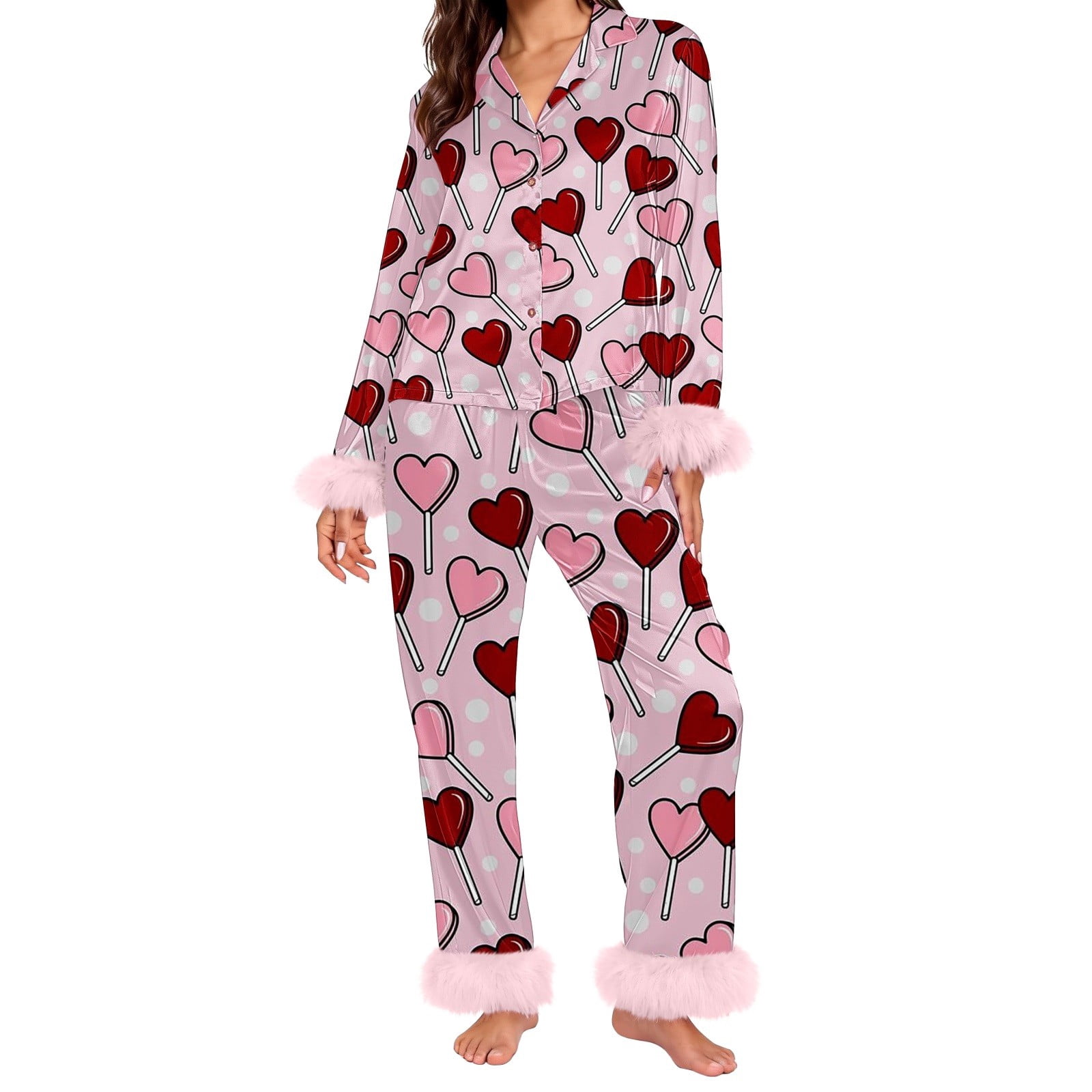 BWASD Women Pajama Sets Cute Heart Print Long Sleeve Sleepwear Casual ...