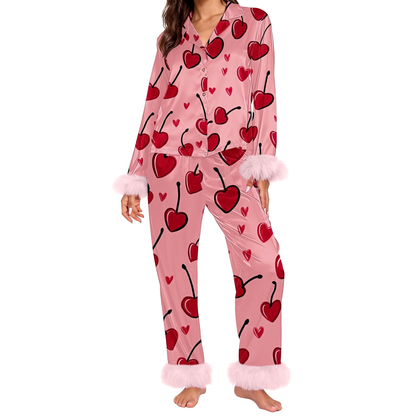 BWASD Womens Pajamas Set Cute Heart Print Long Sleeve Nightwear Casual ...