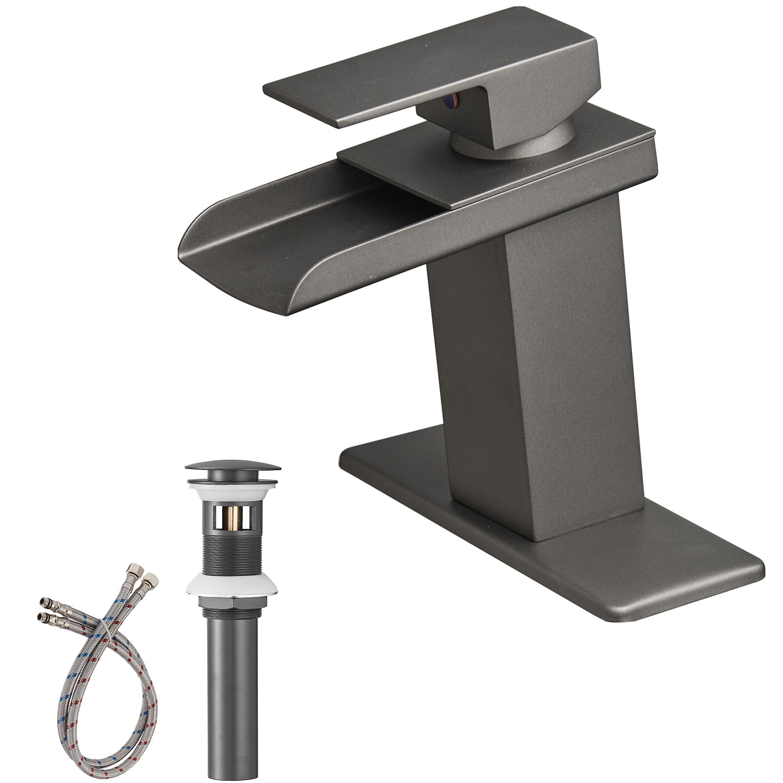 BWE Waterfall Bathroom Faucet Matte Gray Single Hole with Supply Line ...