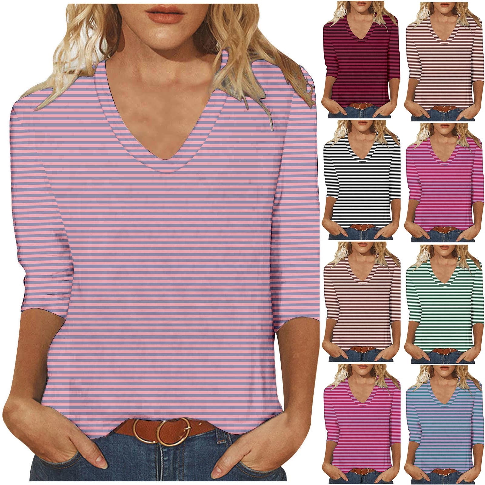 BXINGOHAI 3/4 Length Sleeve Womens Tops V Neck Casual Tunic Tops Basic ...