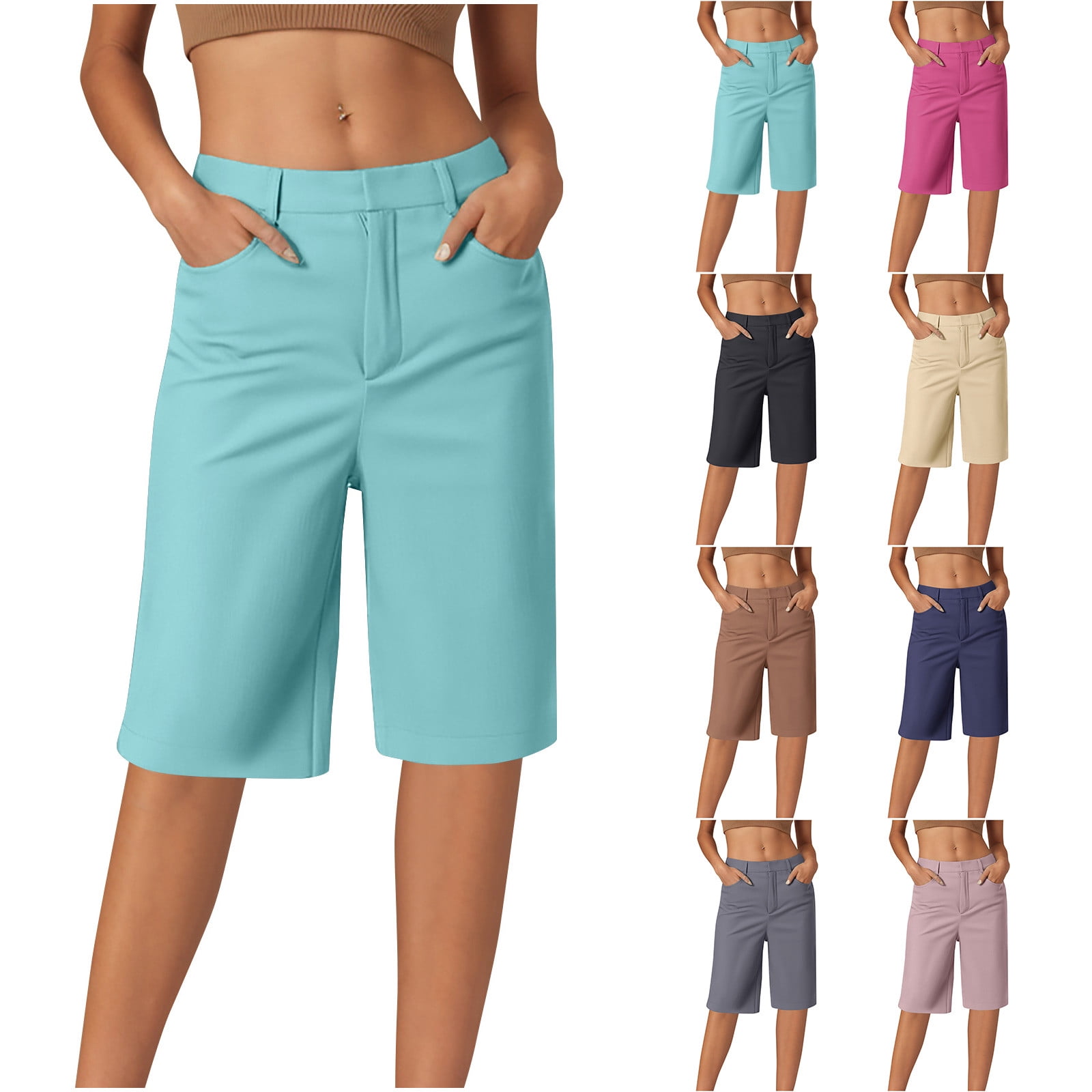 BXINGOHAI Bermuda Shorts for Women Knee Length High Waisted Elastic ...