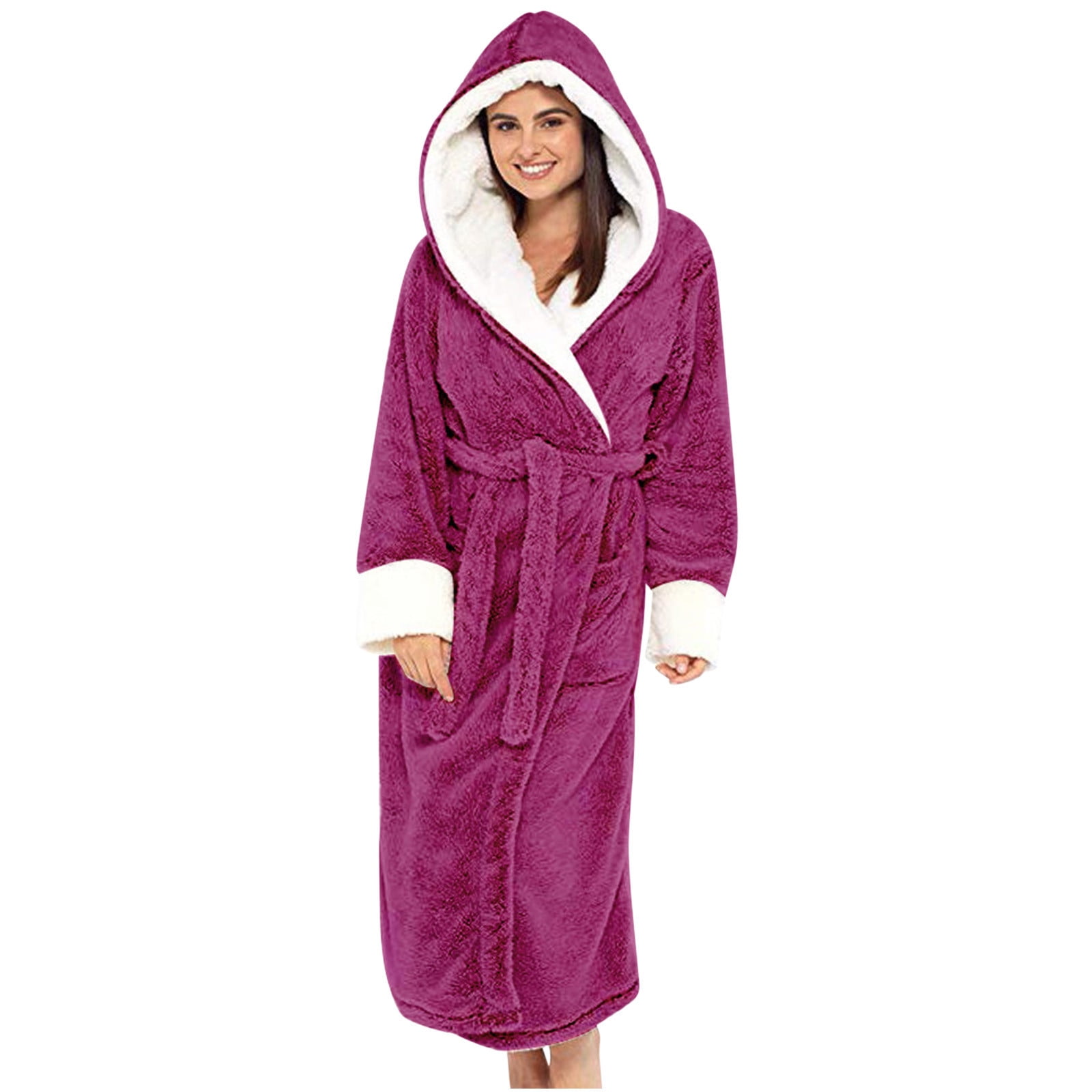 BXINGOHAI Hooded Robes for Women Long,Sherpa Trim Fleece Bathrobes With ...