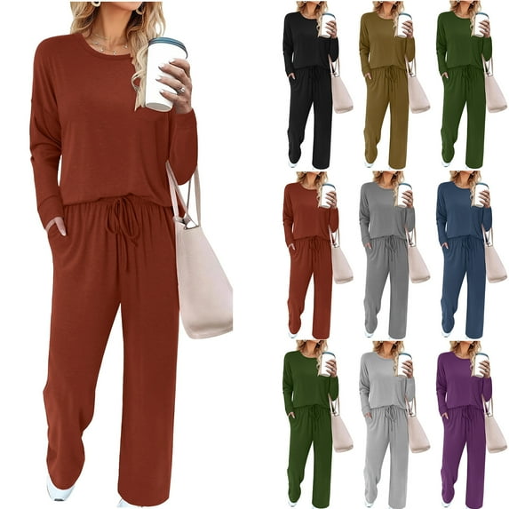 BXINGOHAI Lounge Sets for Women 2 Piece Outfits Airport Wide Leg Pants ...