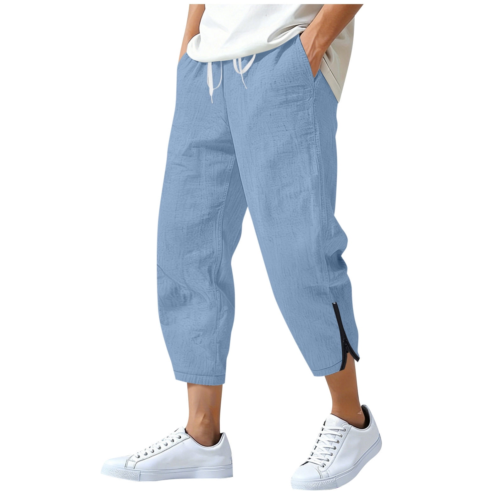 BXINGOHAI Men's Linen Cotton Capri Pants Loose Fit Elastic Waist Wide ...