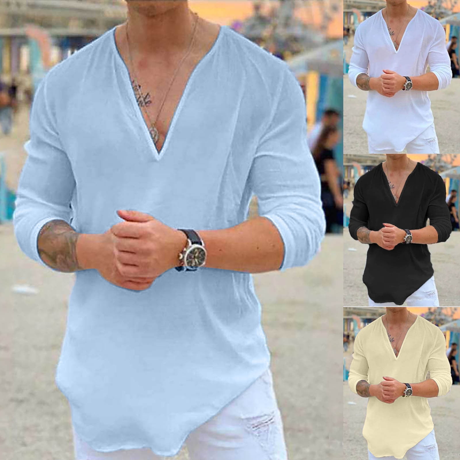 BXINGOHAI Mens Hawaiian V-Neck Shirt Solid Hippie Shirts Yoga Henley ...