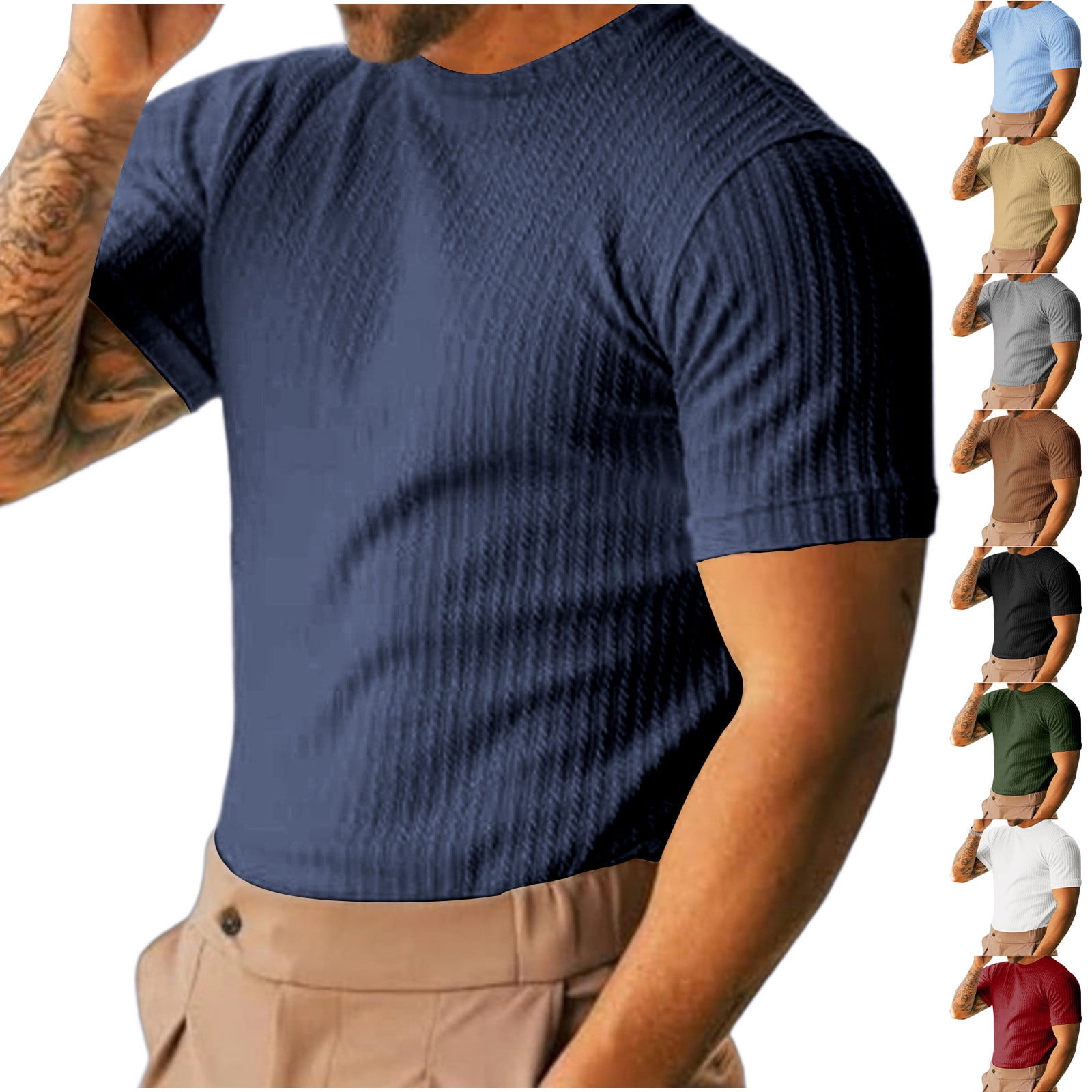 BXINGOHAI Mens T-Shirt Casual Stretch Solid Crewneck Short Sleeve Tees ...