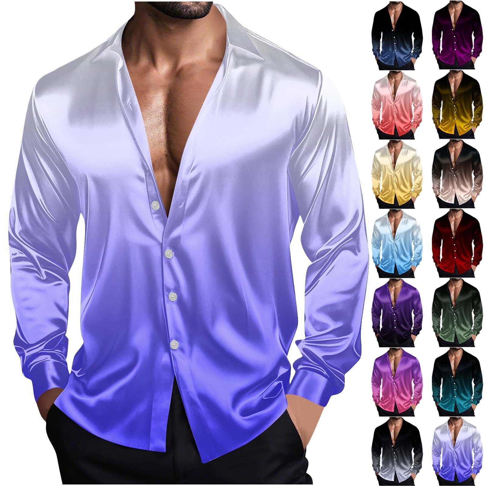 BXINGOHAI Satin Silk Mens Dress Shirts Long Sleeve Button Up Shirt ...