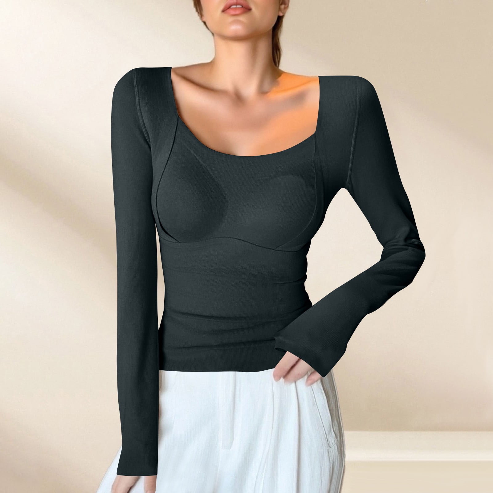 BXINGOHAI Women Long Sleeve Shirts Built-in Shelf Bra Tops Rib-Knit Top ...