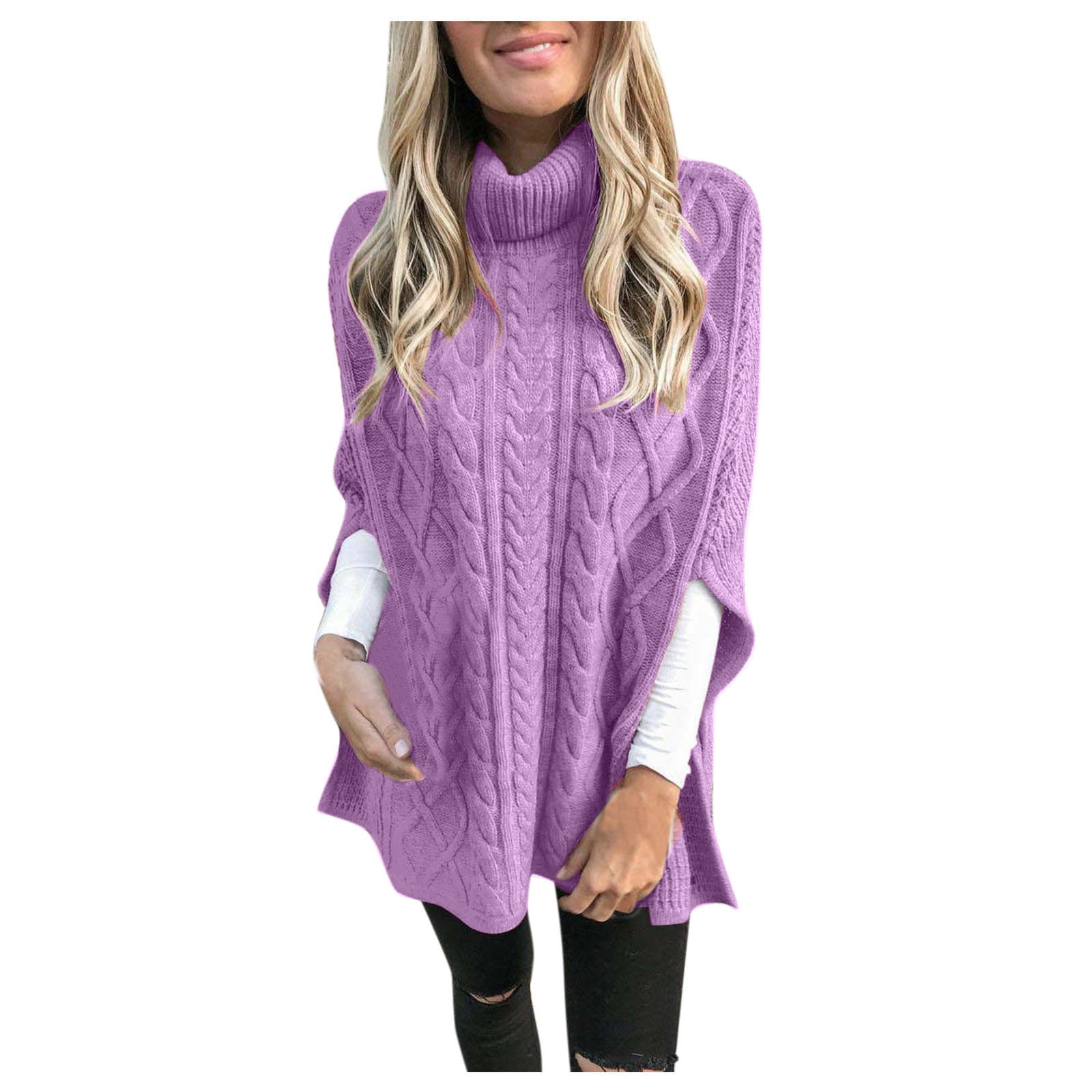 BXINGOHAI Women Turtleneck Poncho Sweaters Cable Knit Long Sleeve ...