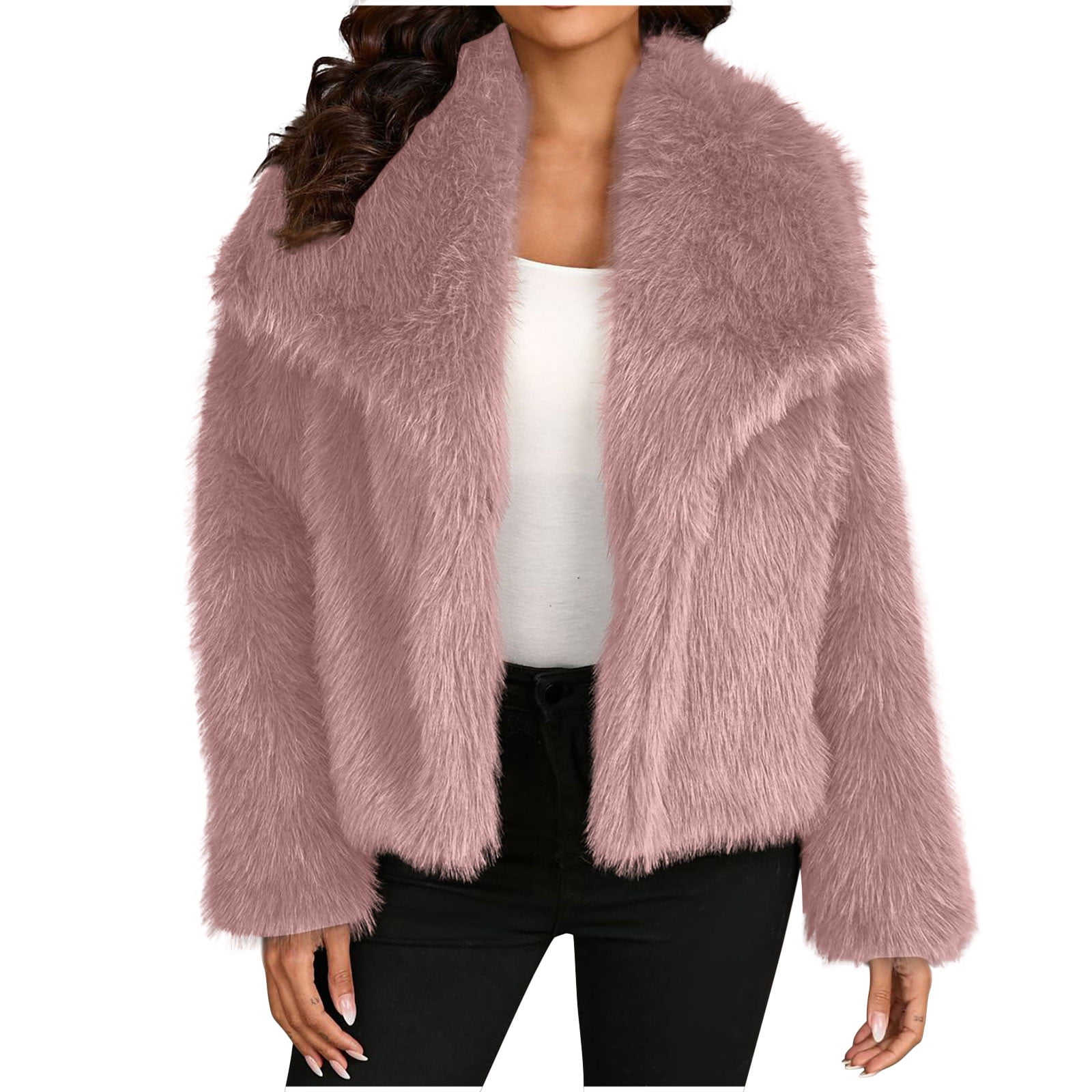 BXINGOHAI Women's Cropped Faux Fur Jacket Lapel Collar Long Sleeve Coats Soft Faux Fur Coat 2024 ...