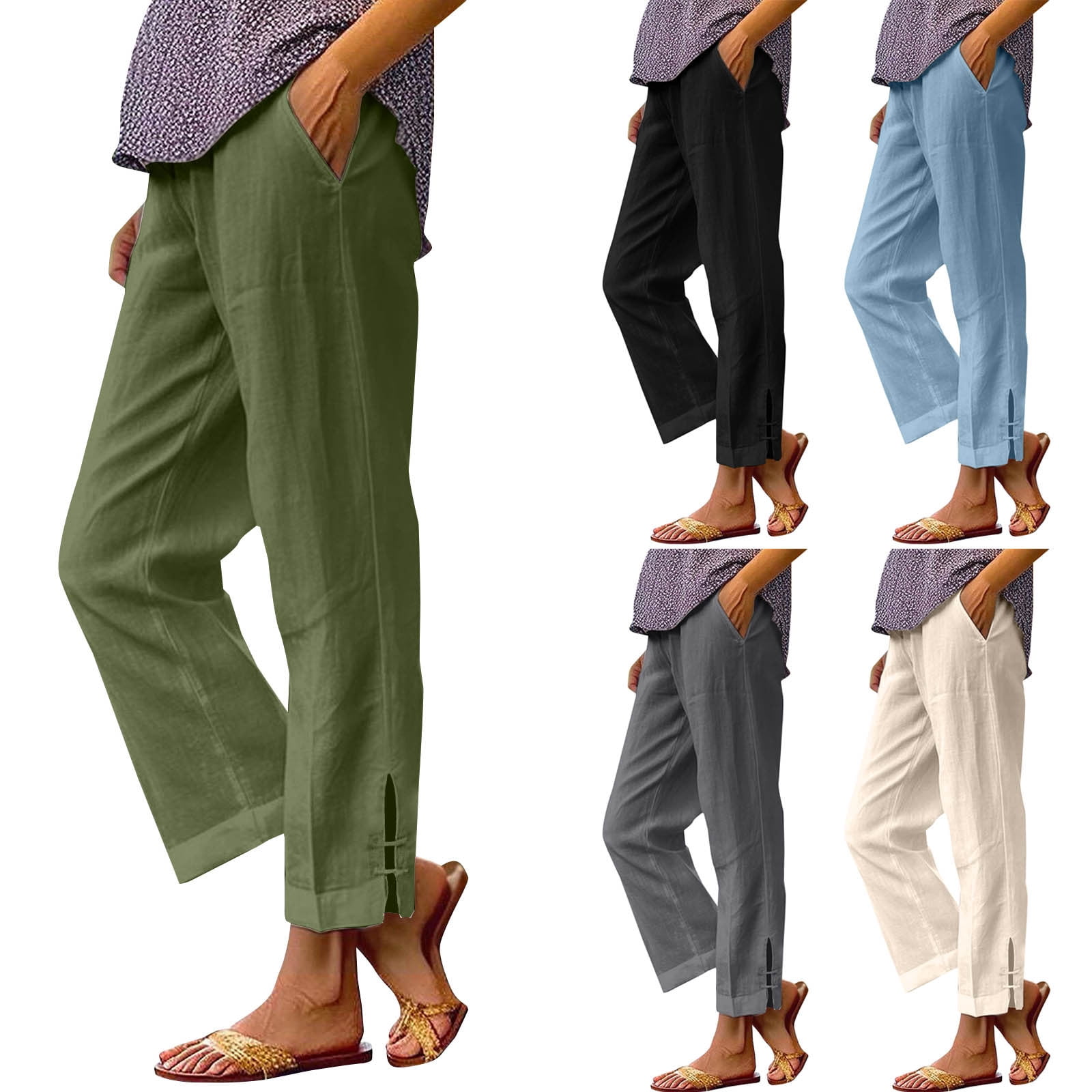 BXINGOHAI Women's Linen Long Pants, Summer Drawstring Elastic Waist ...