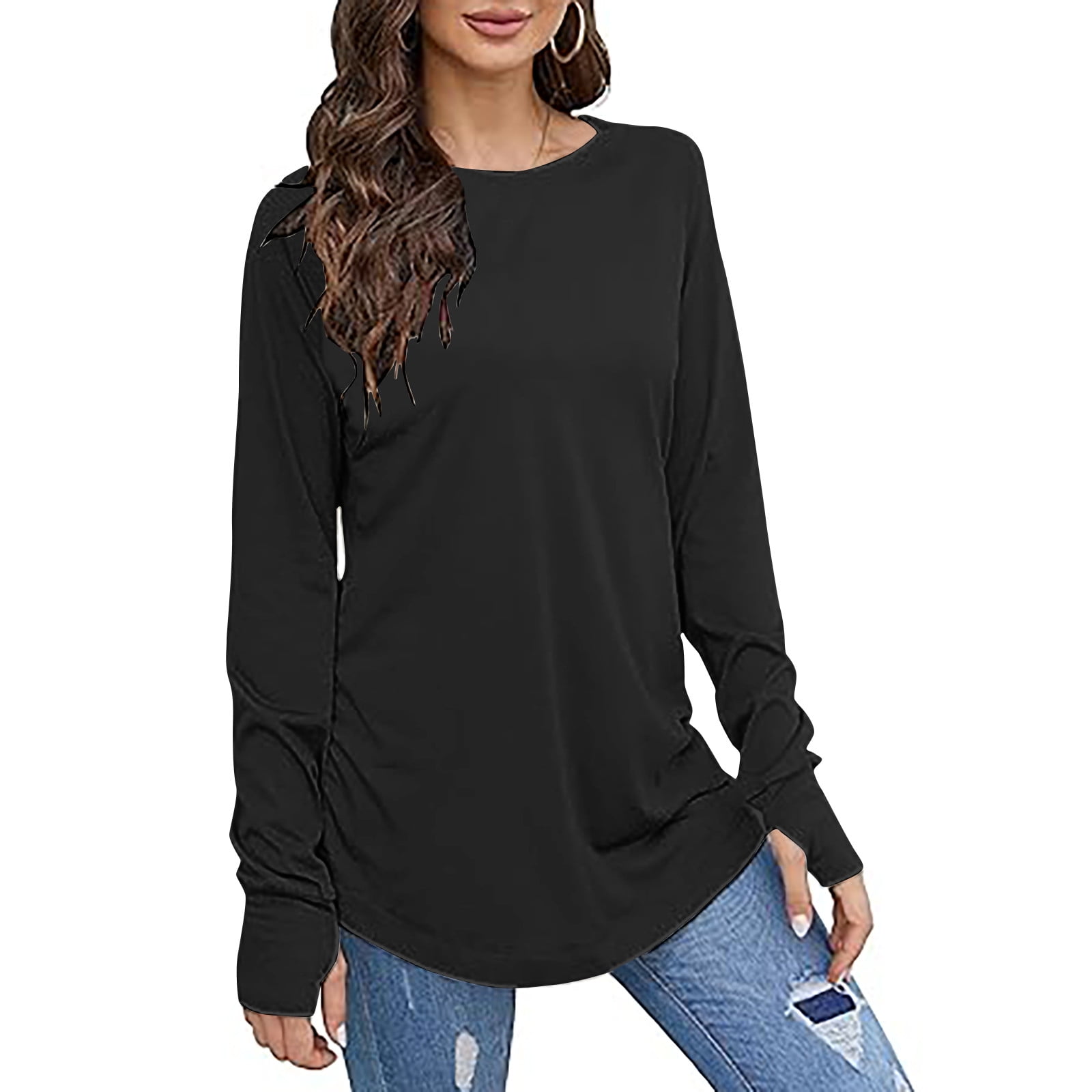 BXINGOHAI Women's Thumb Hole T-Shirt Loose Fit Tops Long Sleeve ...