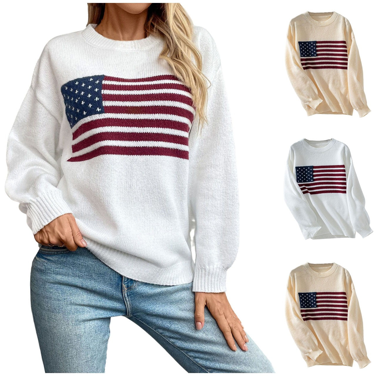 BXINGOHAI Womens American Flag Sweaters Trendy Long Sleeve Pullover ...