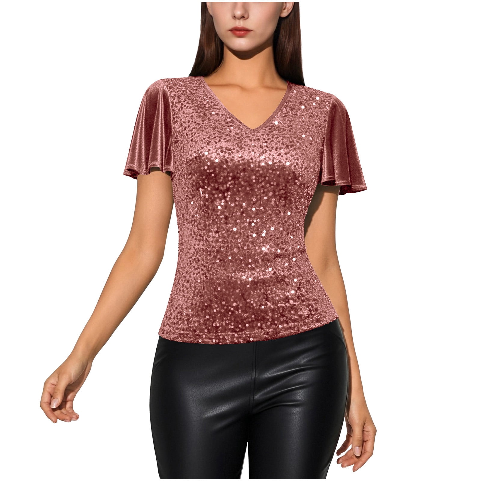 BXINGOHAI Womens Full Sequin Tops Glitter Party Shirt Cap Sleeve ...
