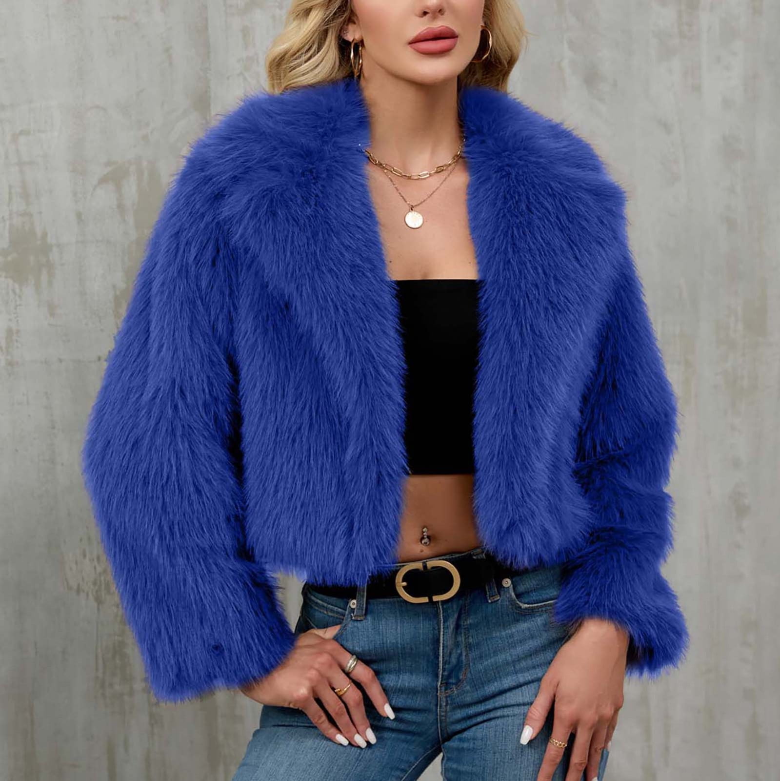 BXINGOHAI Womens Long Sleeve Open Front Fuzzy Faux Fur Coat Blue M ...
