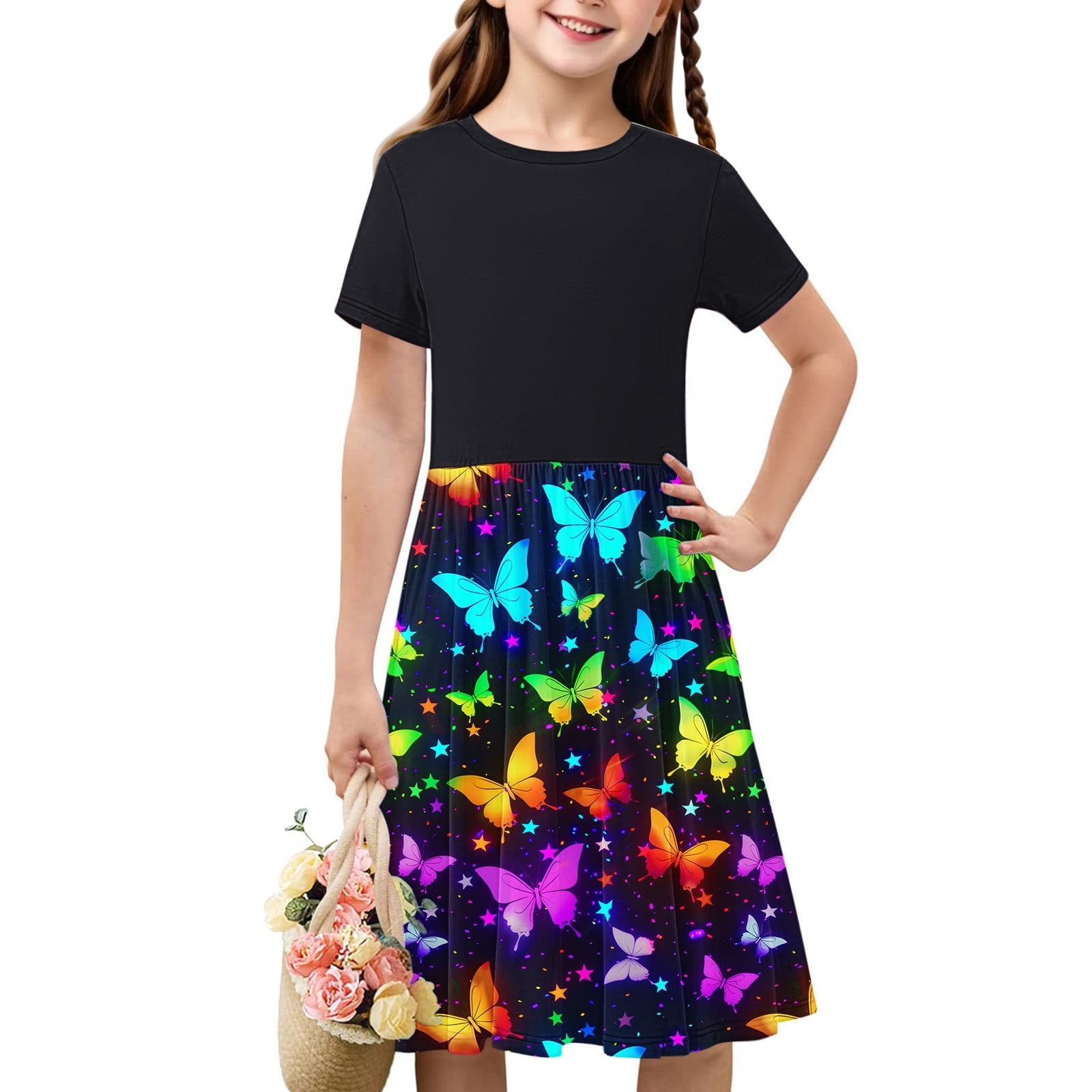 BXJX Girls Graphic Dress, Crewneck Short Sleeve Casual Cute Ruffle ...