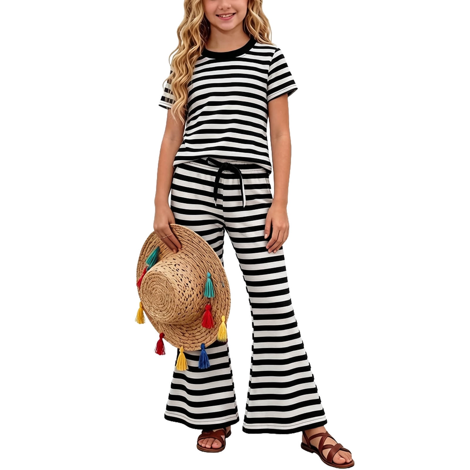 BXJX Girls Outfit Sets 2 Piece, Crew Neck Short Sleeve Striped Girls ...