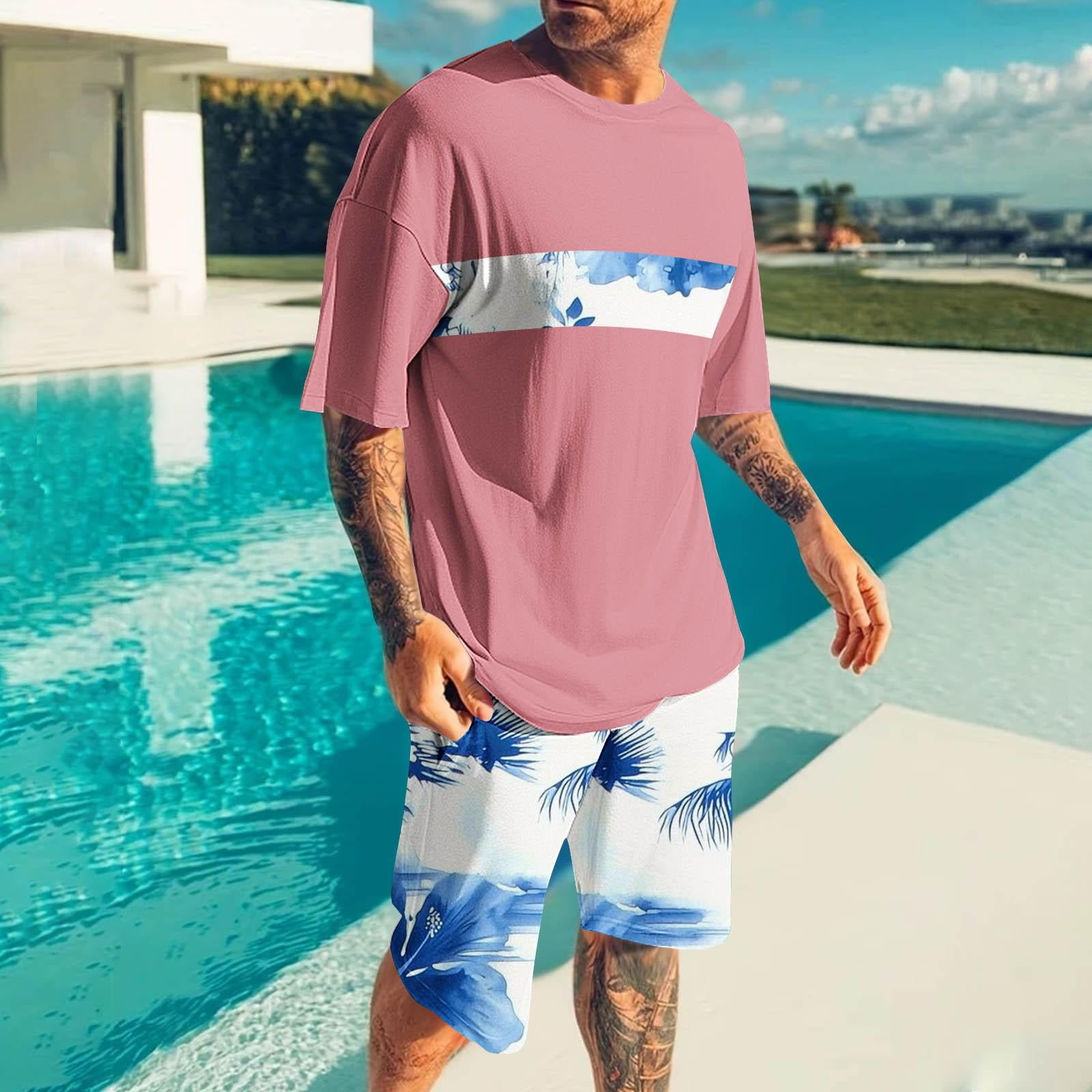 BXJX Mens Hawaiian Outfit Sets- 2 piece Elastic Waist Casual Drawstring ...