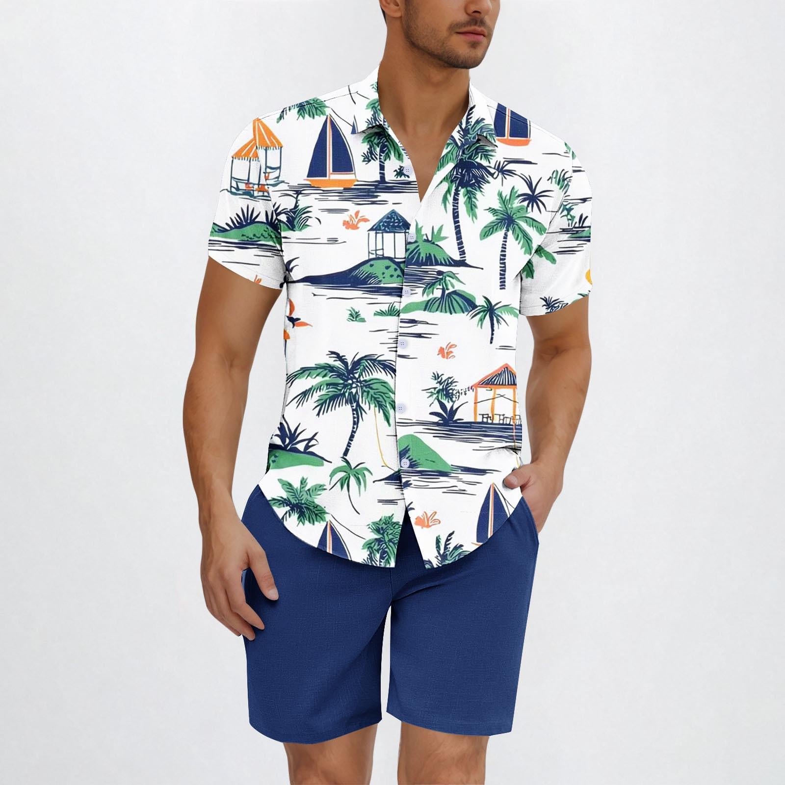 BXJX Mens Hawaiian Outfit Sets- Button Down Shirts Drawstring 2 piece ...