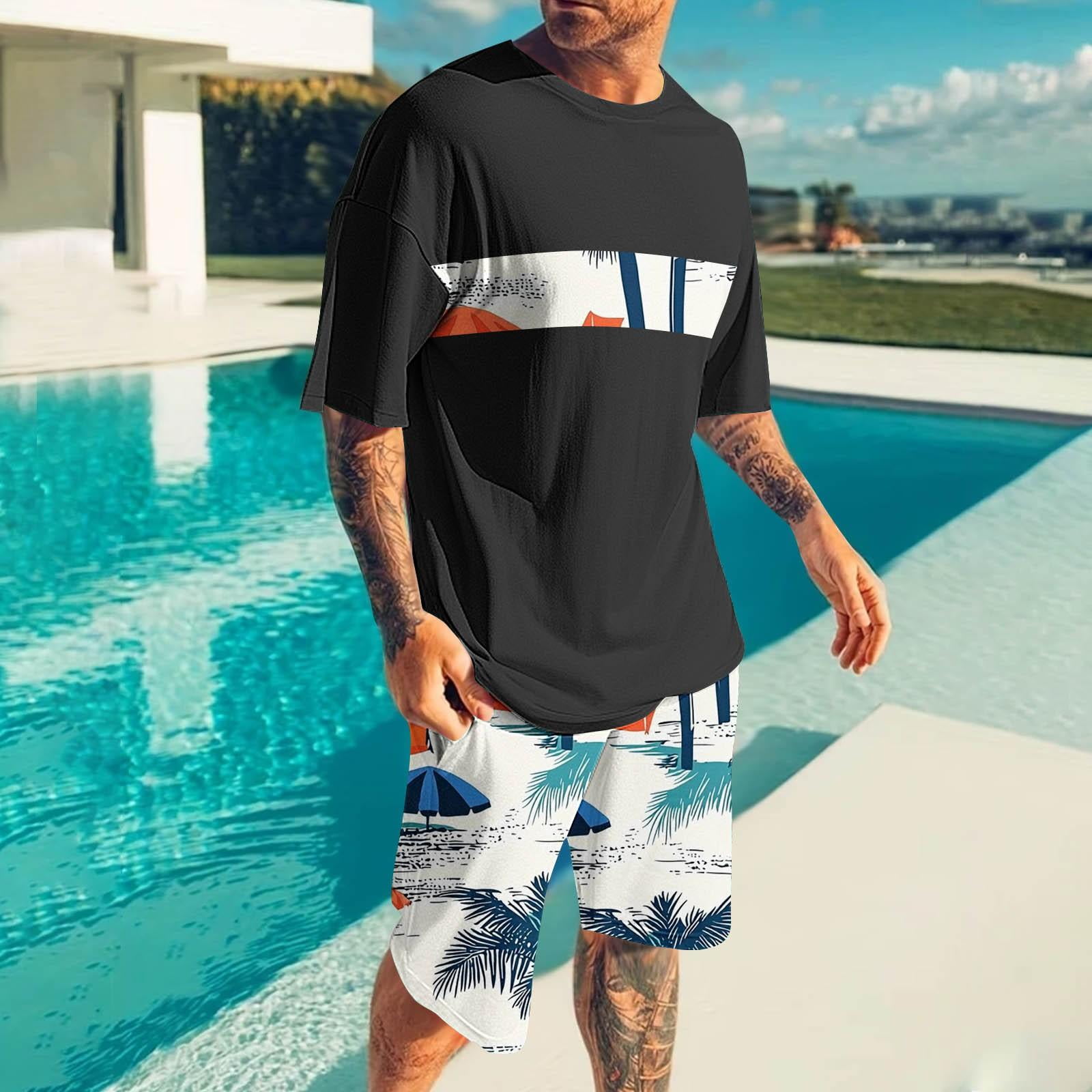 BXJX Mens Hawaiian Shorts and Top- Casual 2-Piece Short Sleeve Crewneck ...