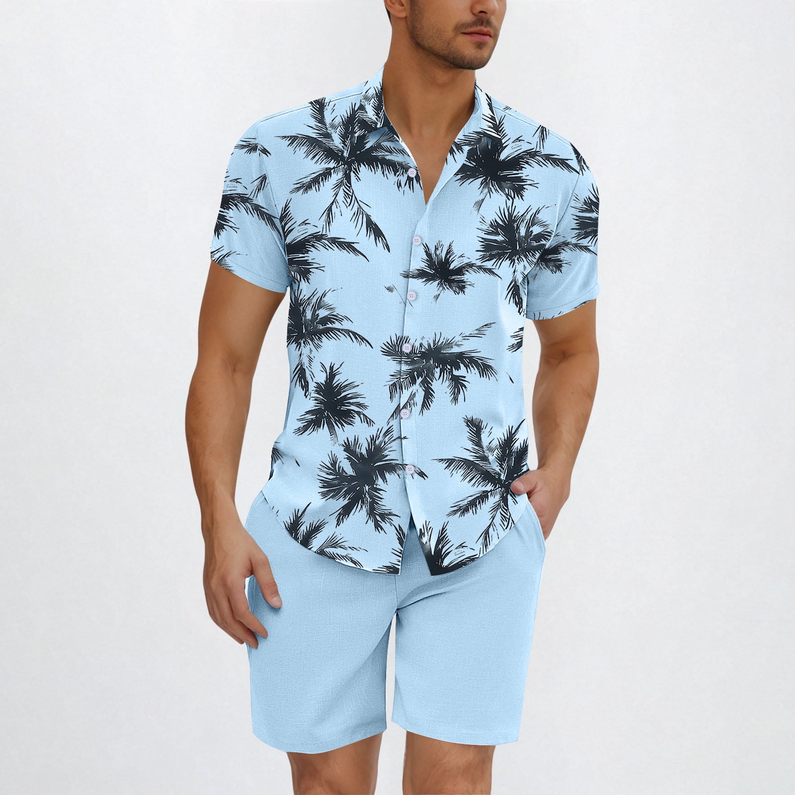 BXJX Mens Hawaiian Shorts and Top- Casual 2-Piece Short Sleeve Crewneck ...