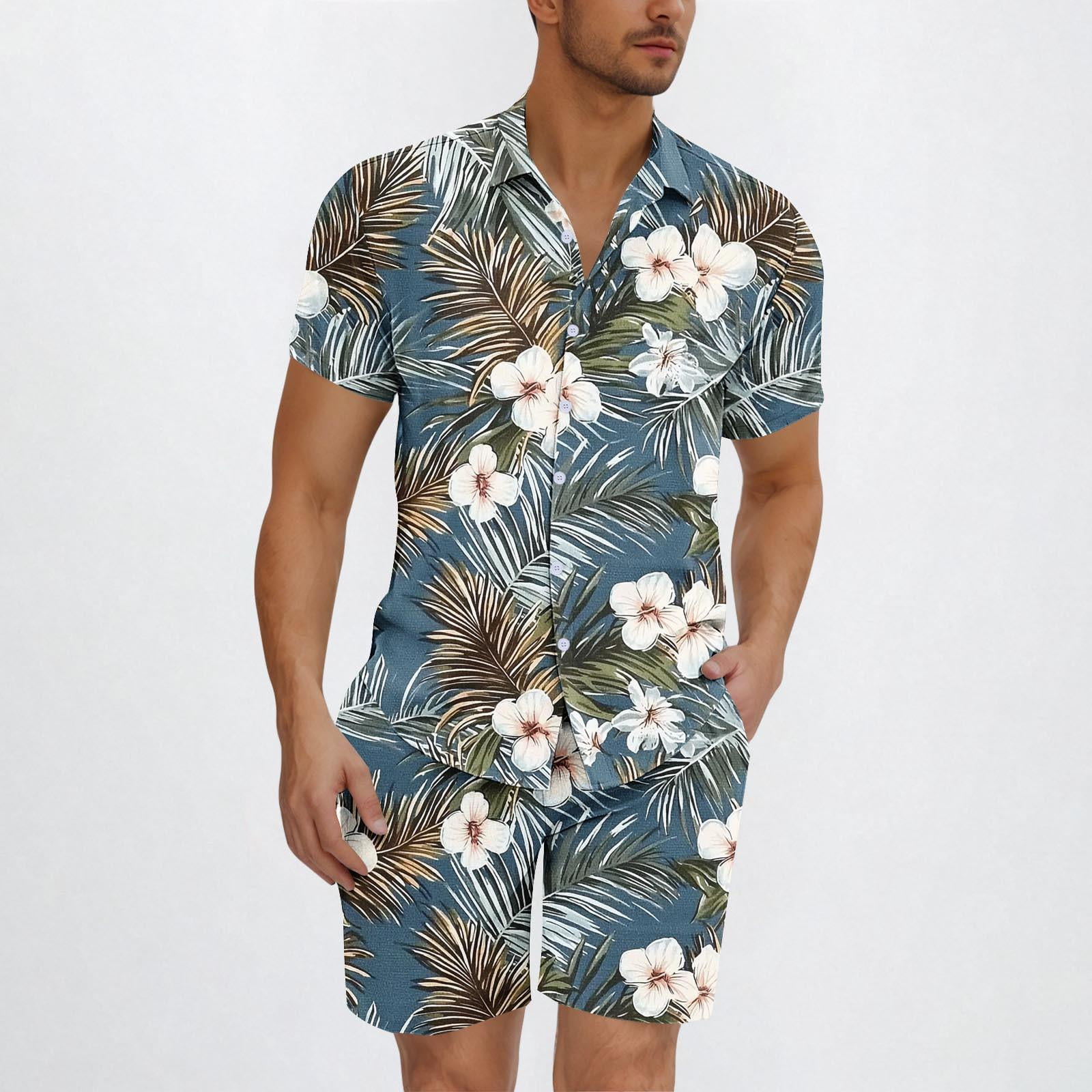BXJX Mens Hawaiian Shorts and Top- Casual Short Sleeve Crewneck 2-Piece ...