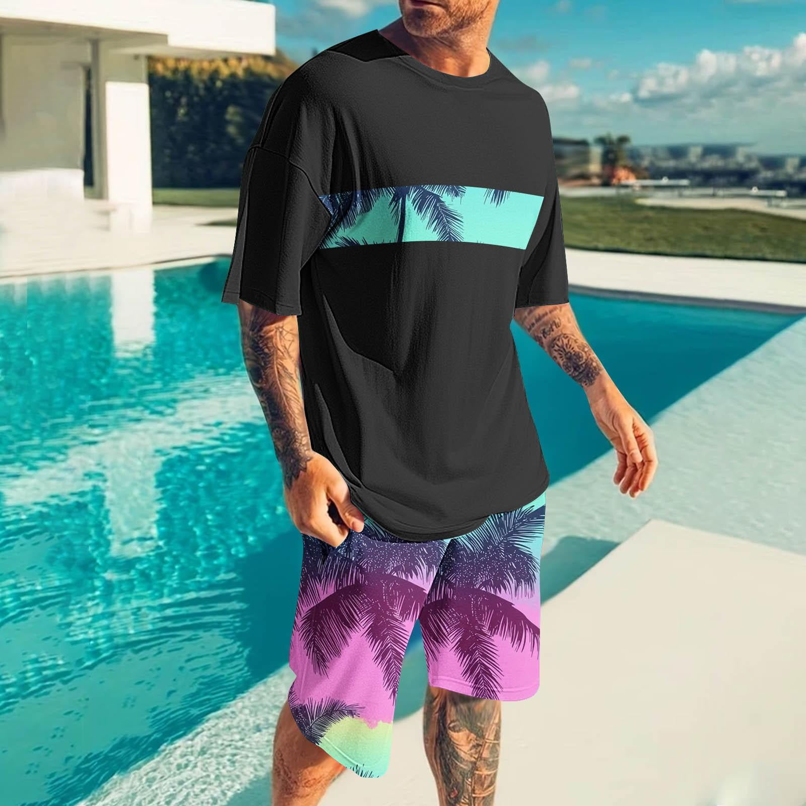 BXJX Mens Hawaiian Shorts and Top- Crewneck Short Sleeve 2-Piece Casual ...