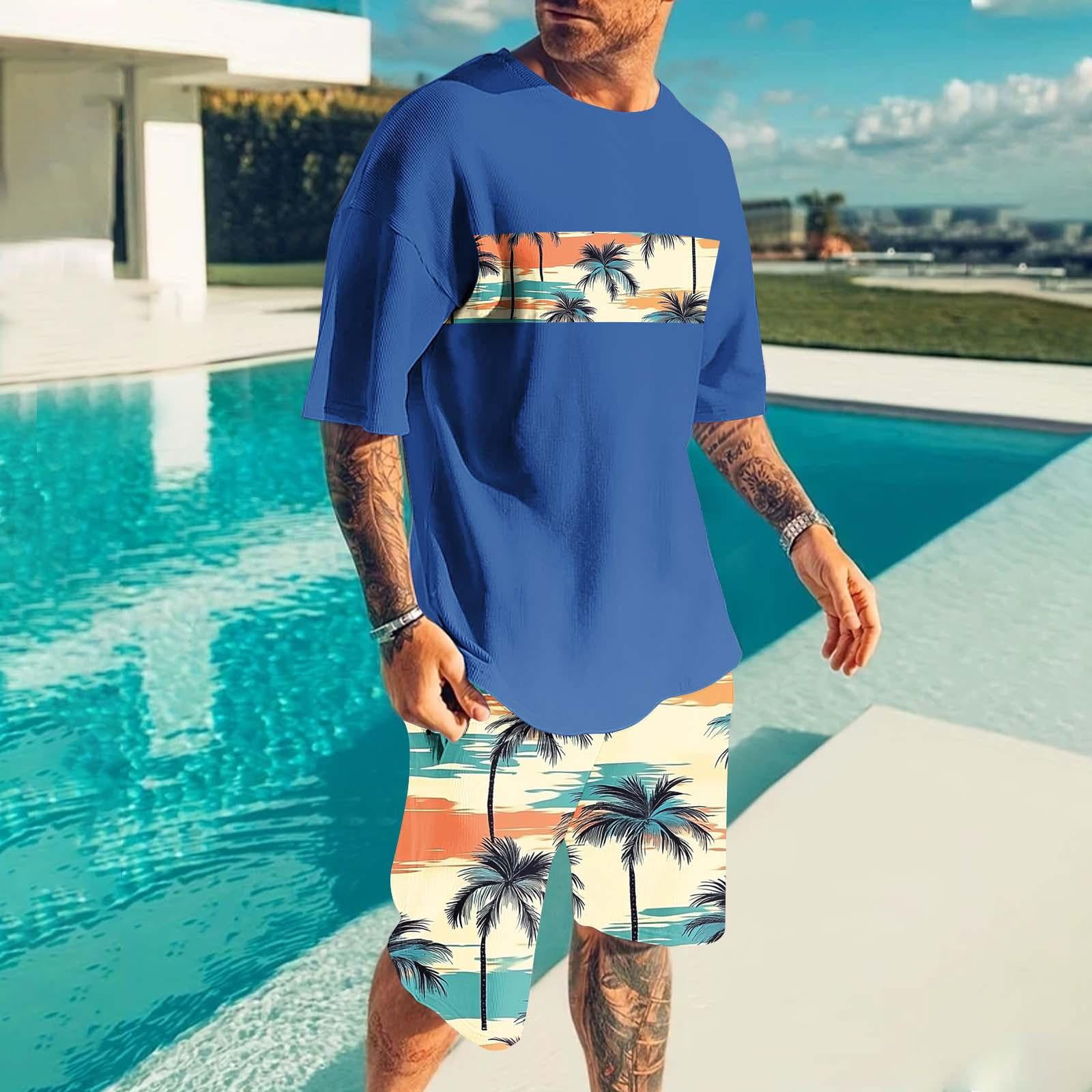 BXJX Mens Hawaiian Shorts and Top- Crewneck Short Sleeve 2-Piece Casual ...