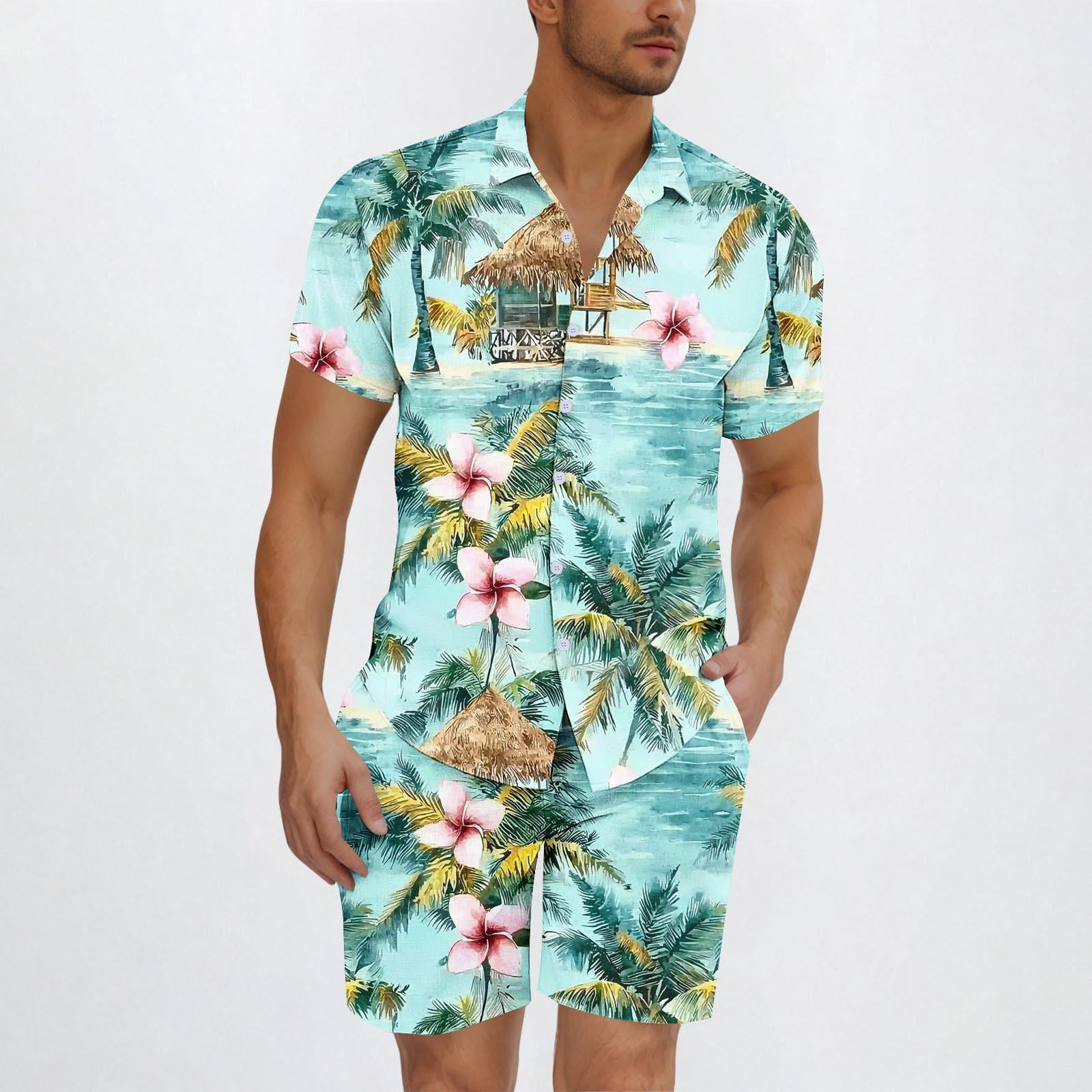 BXJX Mens Hawaiian Shorts and Top- Crewneck Short Sleeve 2-Piece Casual ...